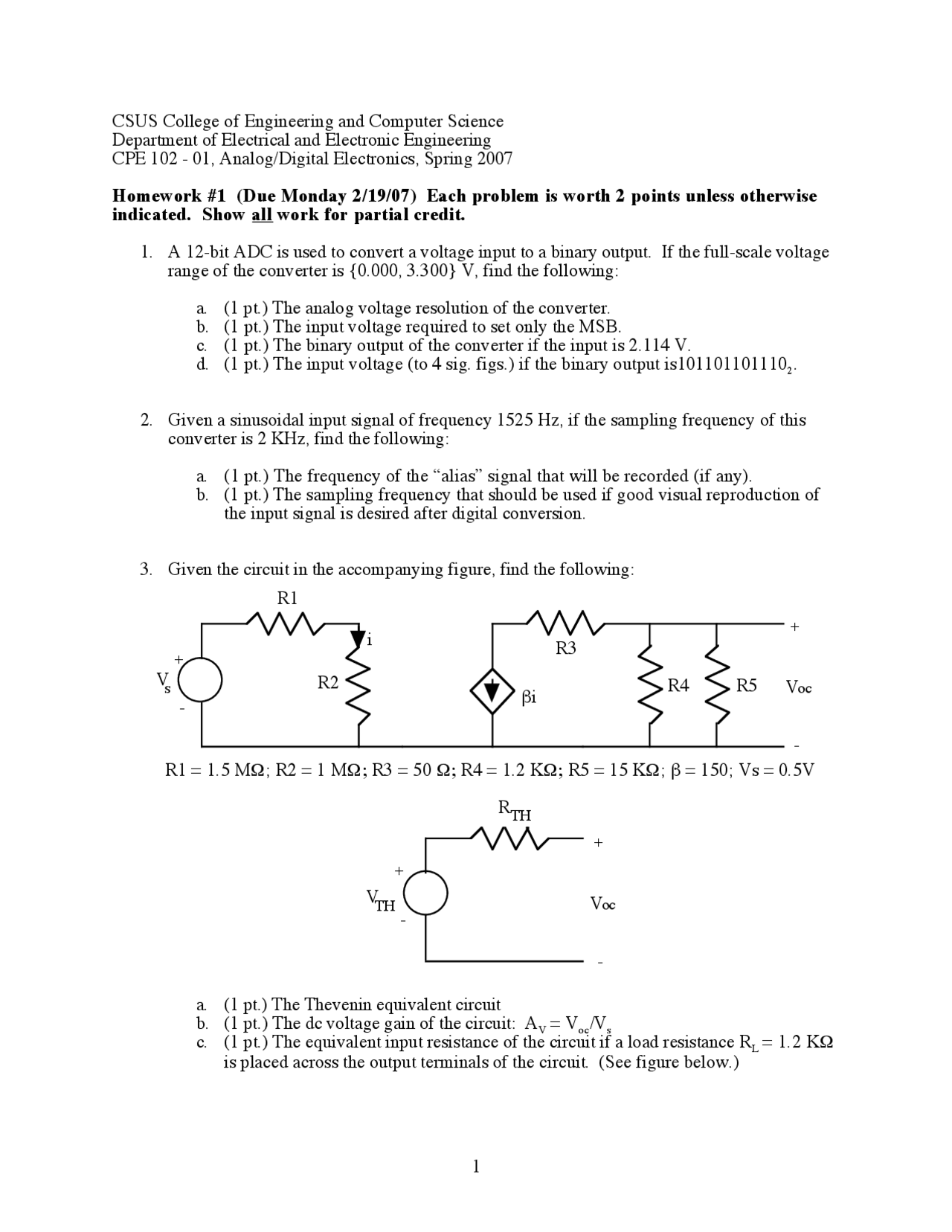 Analog And Digital Electronics Assignment 1 Spring 2007 Cpe 102