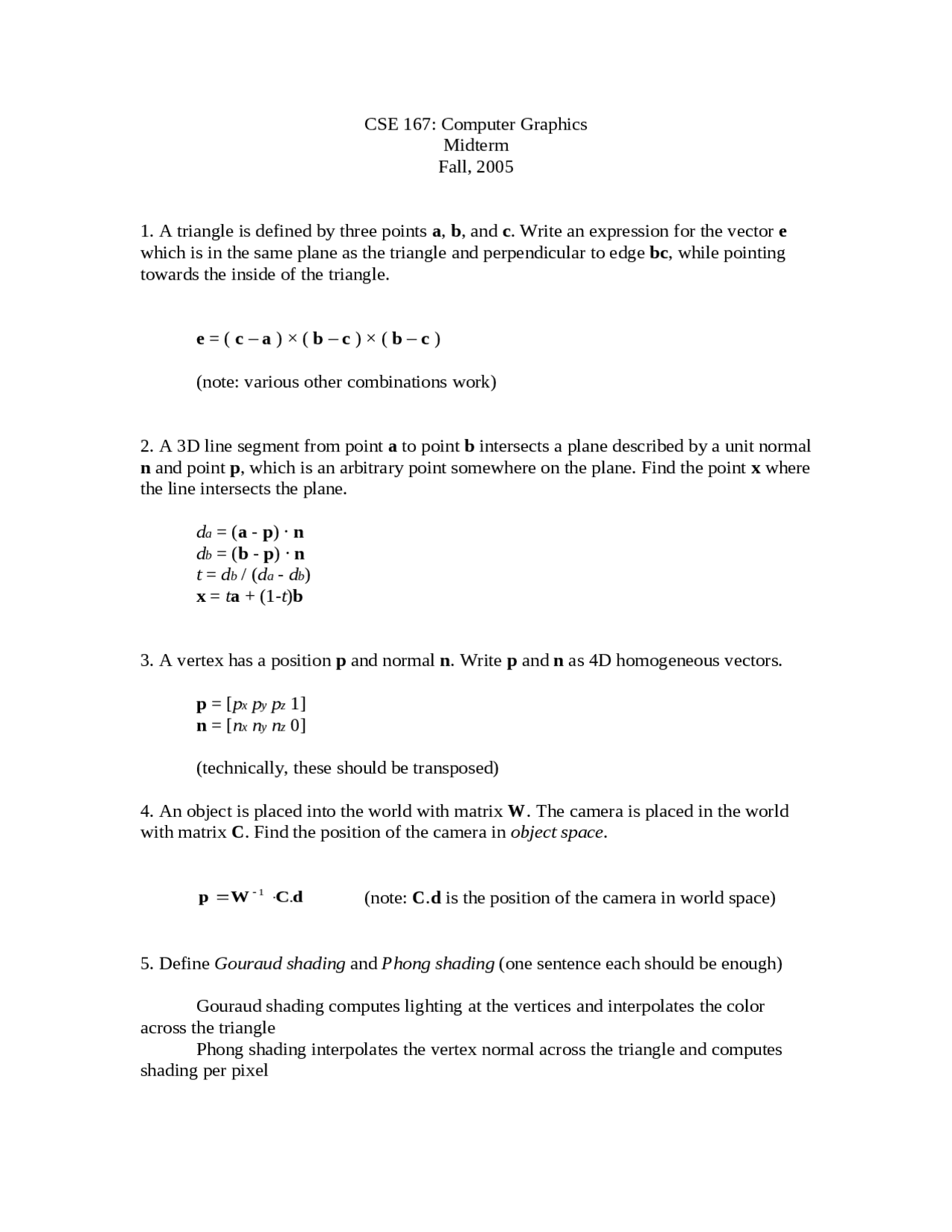 Practice Midterm Exam Fall 2005 Computer Graphics Cse 167 Docsity