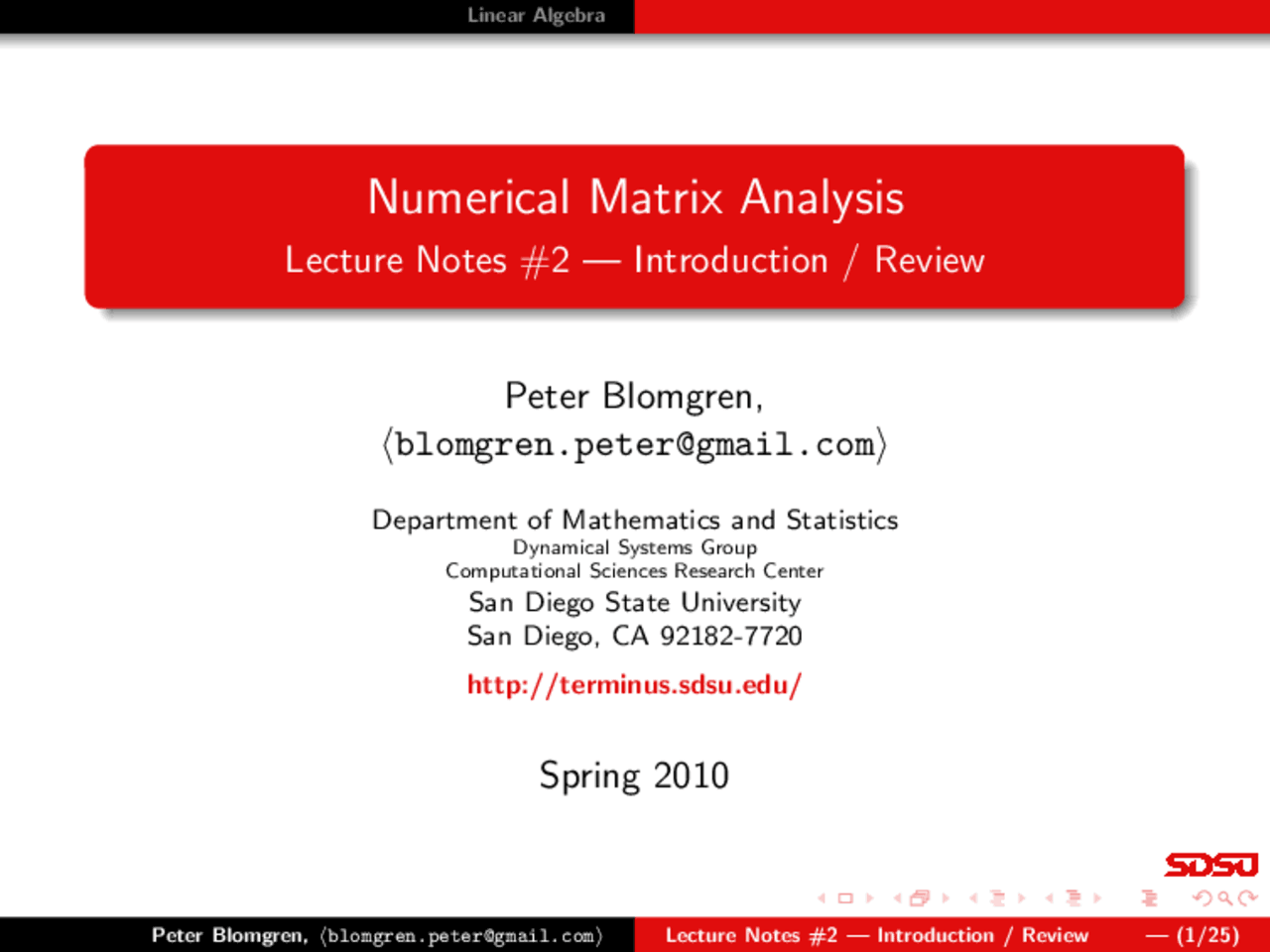 Introduction To Numerical Matrix Analysis Lecture Notes Math 543