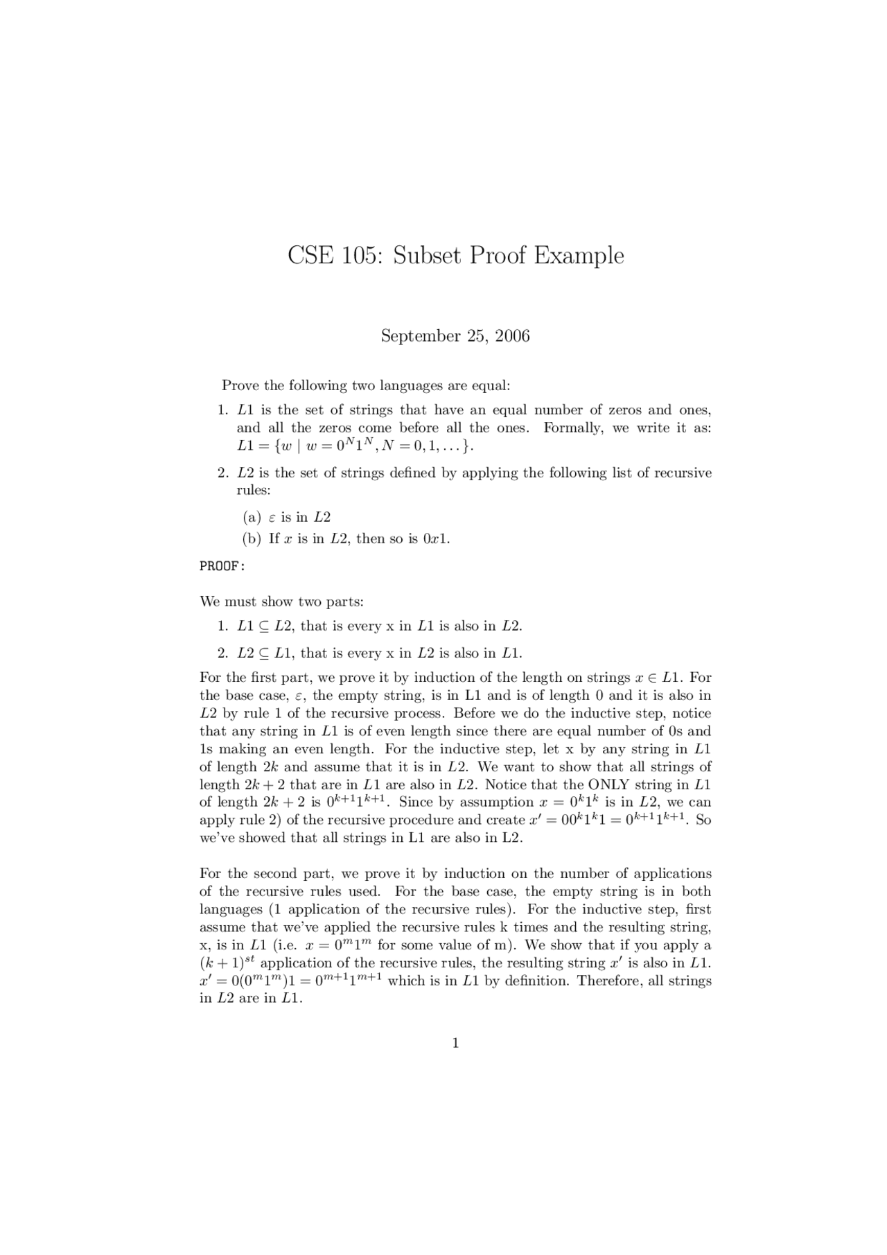 Subset Proof Example Introduction To Theory Of Computation Cse 105 Docsity