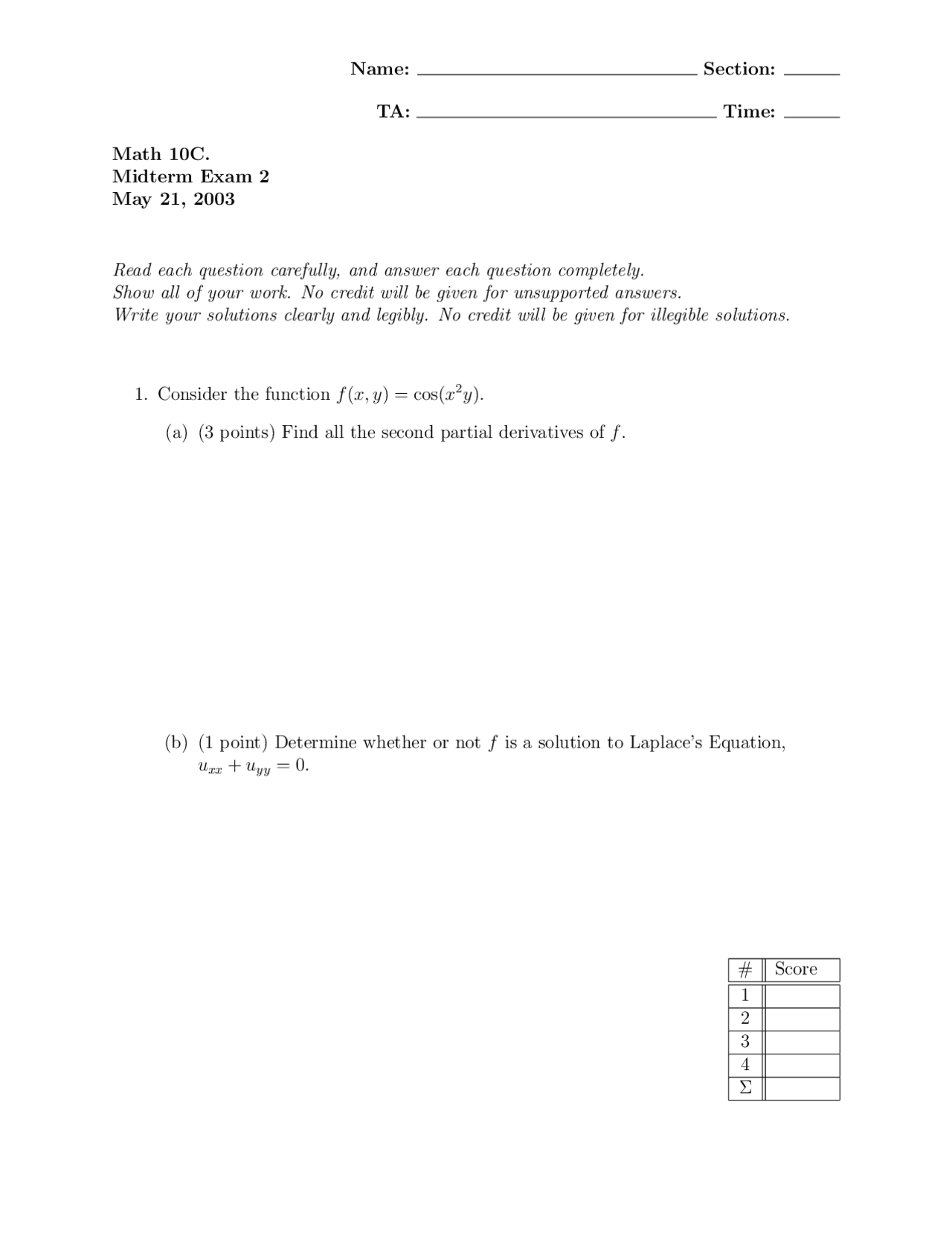 Midterm Exam 2 Calculus Iii 2003 Math 10c Docsity