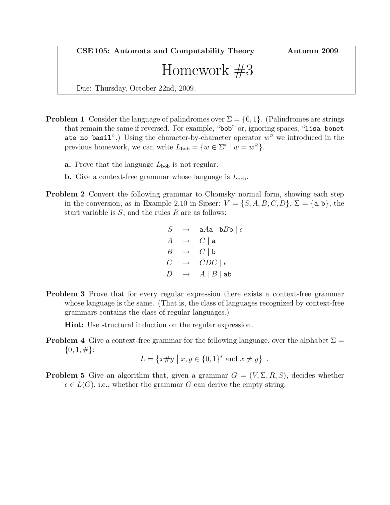 Homework 3 Automata And Computability Theory Cse 105 Docsity