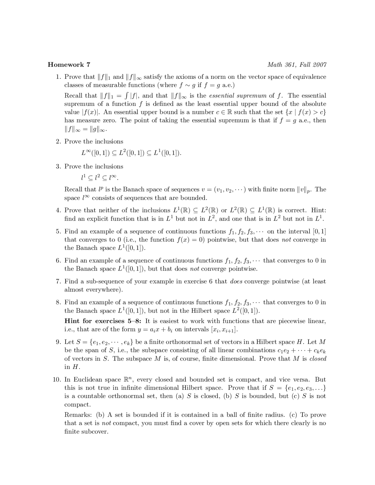 Advanced Calculus Assignment 7 With Answers Math 361 Docsity