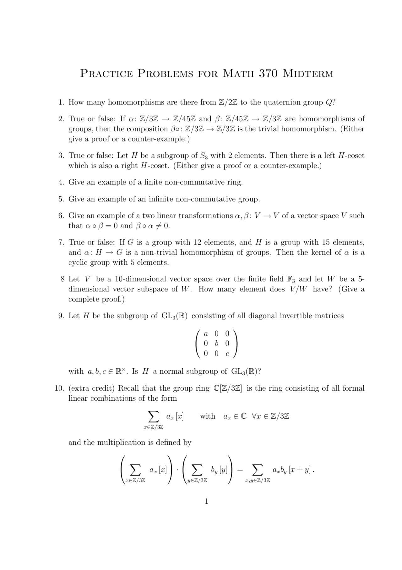 Math 370 Midterm Practice Problems Homomorphisms Cosets And Group Rings Exams Mathematics