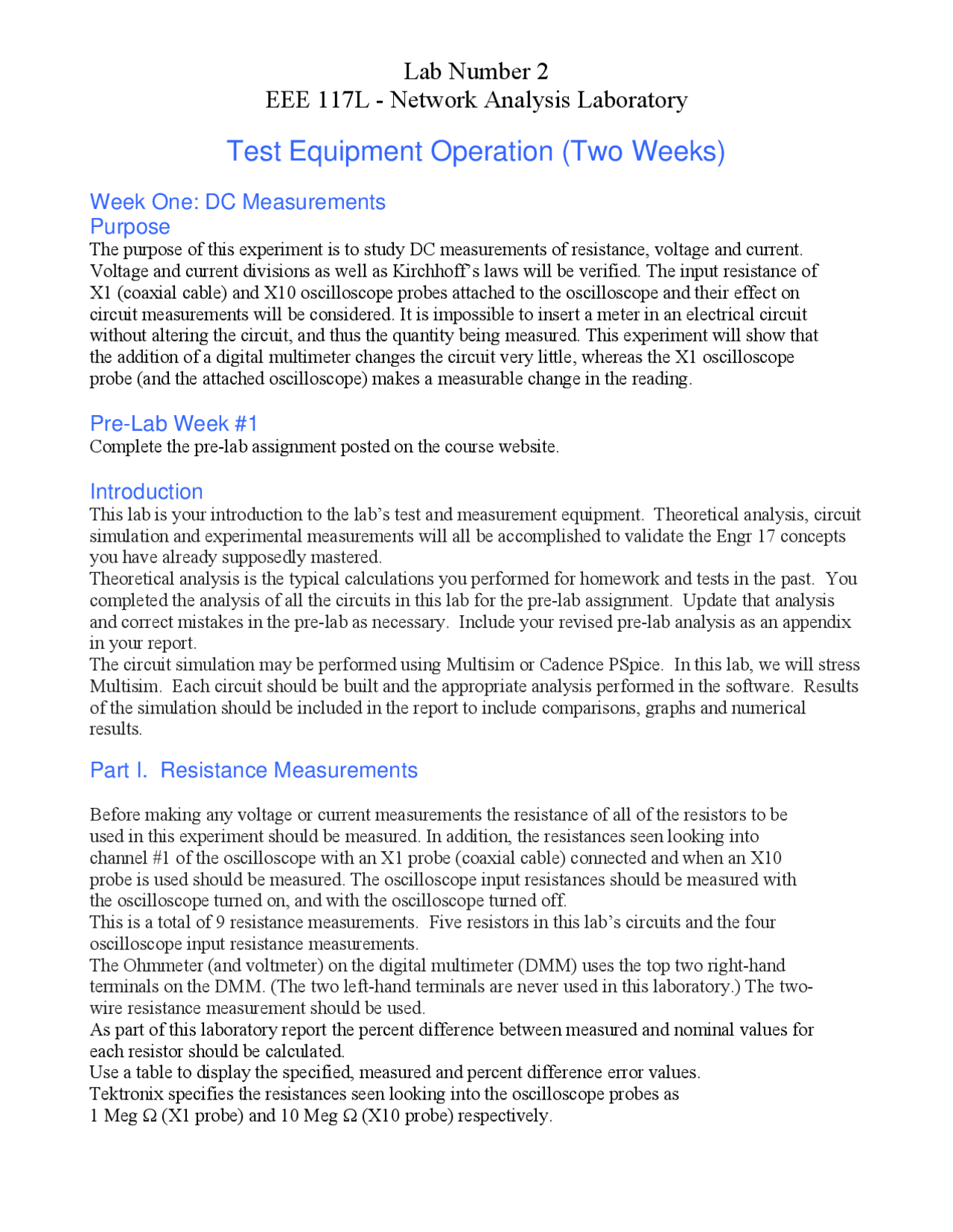 Test Equipment Network Analysis Lab Lab 2 Eee 117l Docsity