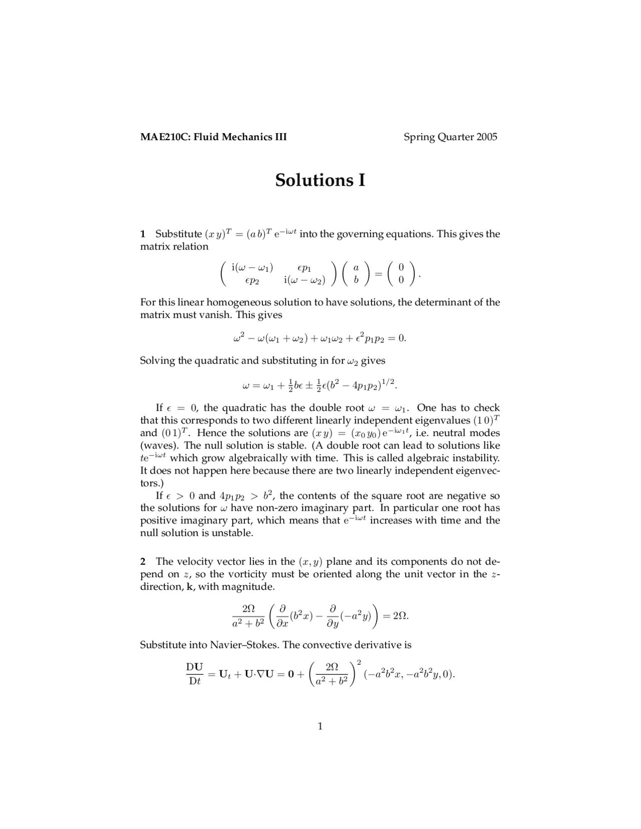 Solution of Assignment 1 - Spring 2005 - Fluid Mechanics III | MAE 210C - Docsity