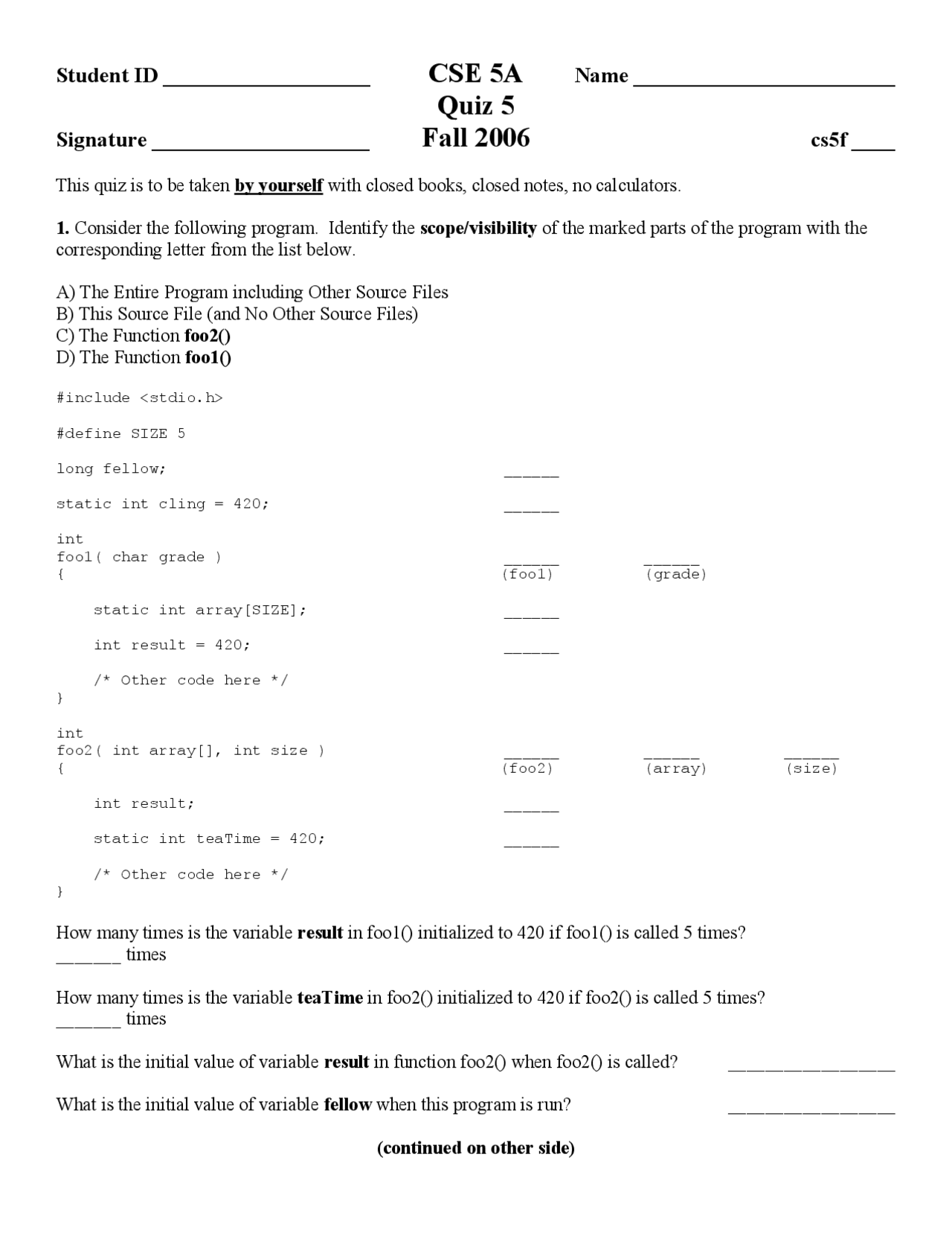 Sample Quiz 5 Introduction To Programming I Cse 5a Docsity