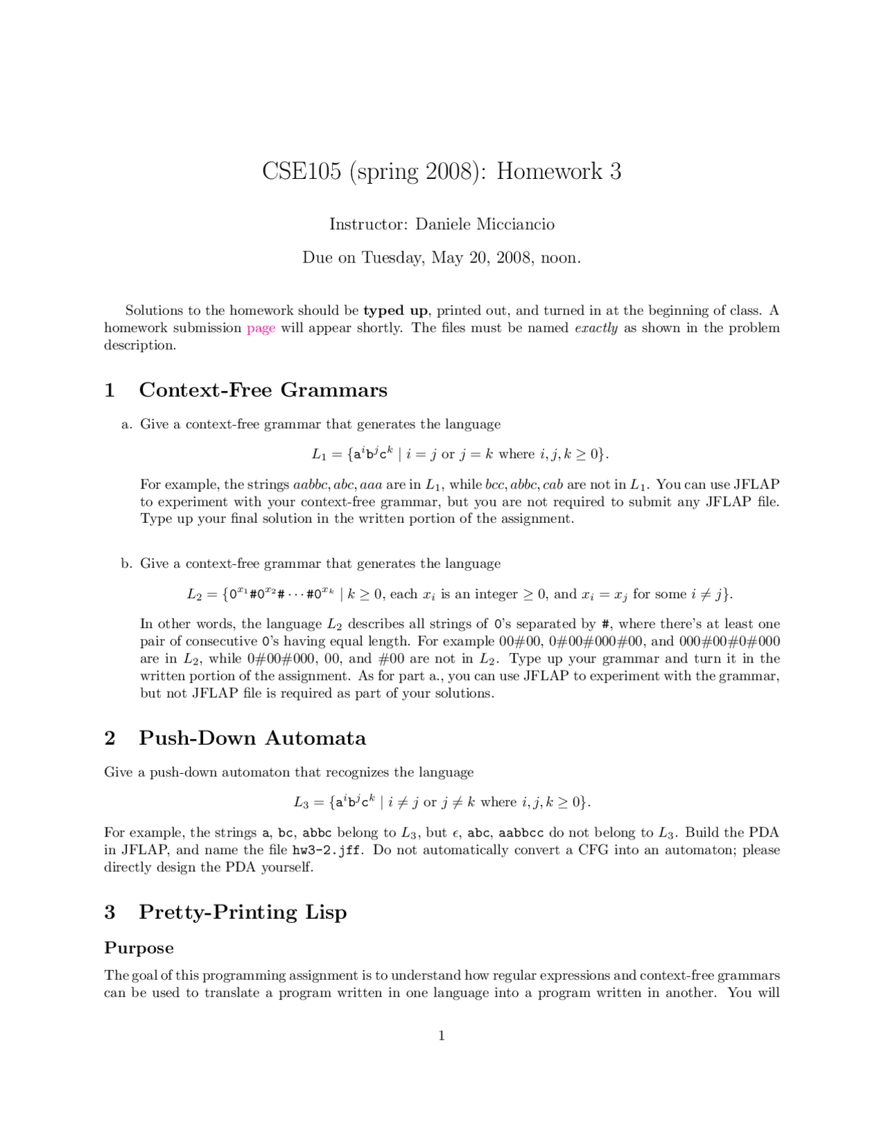 Context Free Grammar And Pushdown Automata Assignment 3 Cse 105