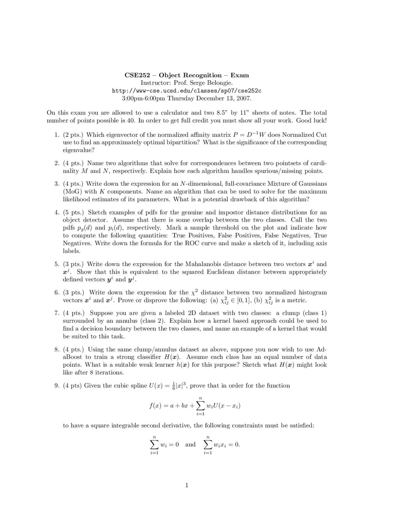 Sample Questions For Exam Object Recognition Fall 2007 Cse 252b Docsity