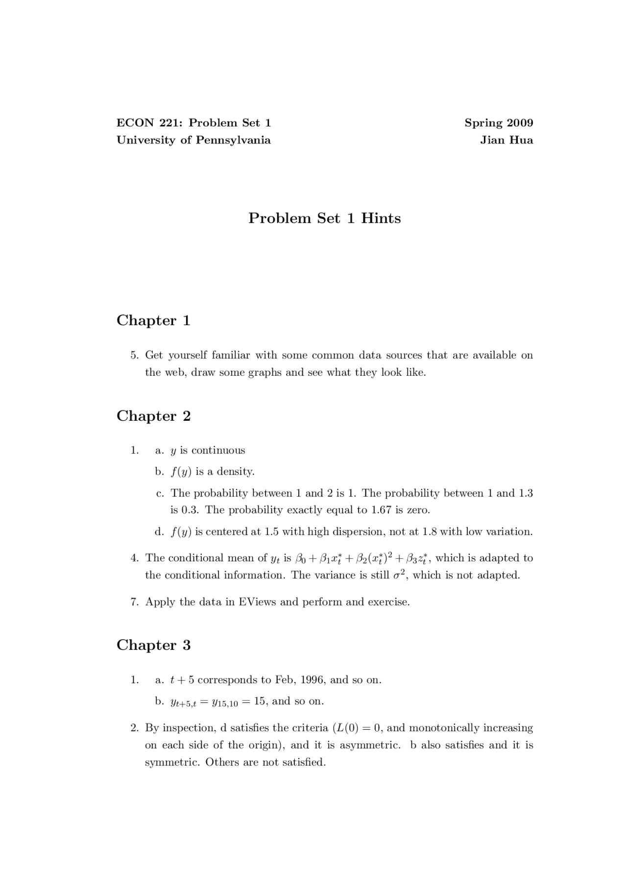 Problem Set 1 For Econometric Forecasting Econ 221 Docsity
