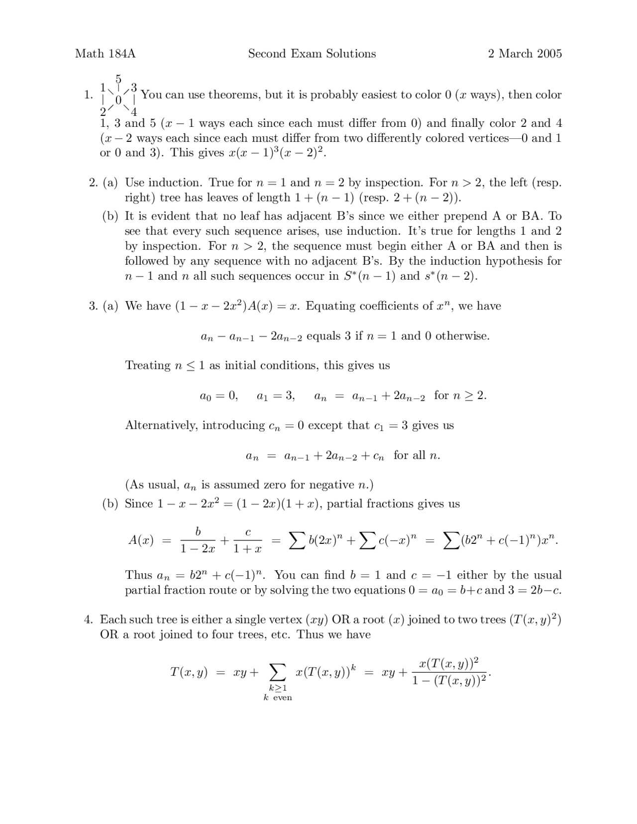 Second Exam With Solutions Combinatorics Math 184a Docsity