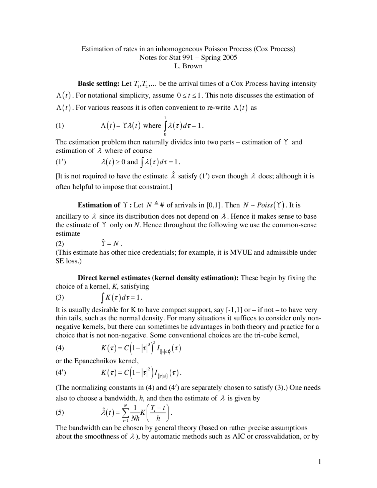 Notes on Estimation of Rates in an Inhomogeneous Poisson Process (Cox ...