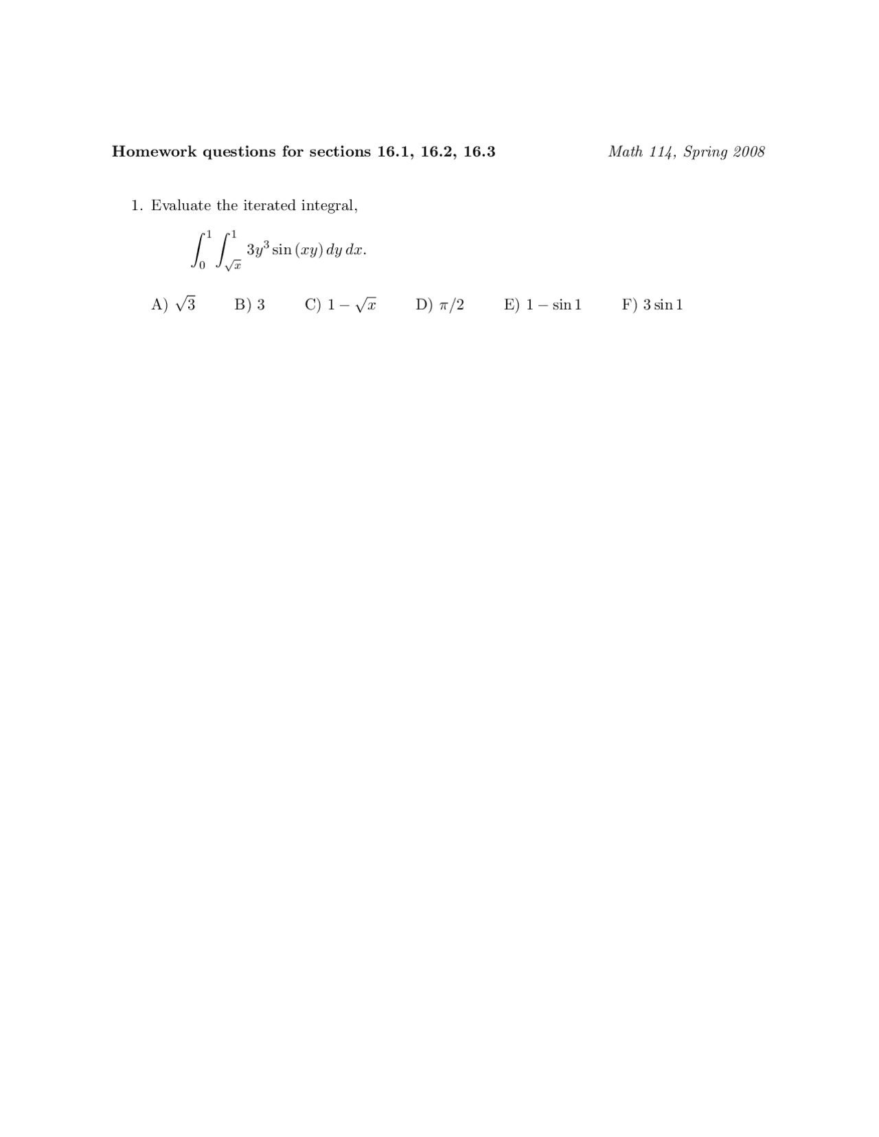 Integral Evaluation Quiz Of 3 Problems Math 114 Docsity