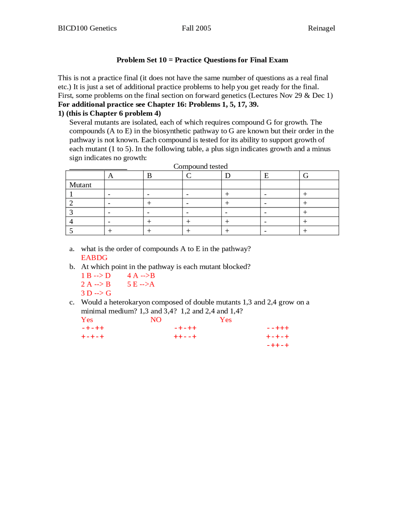 Practice Questions For Final Exam Genetics 2005 Bicd 100 Docsity