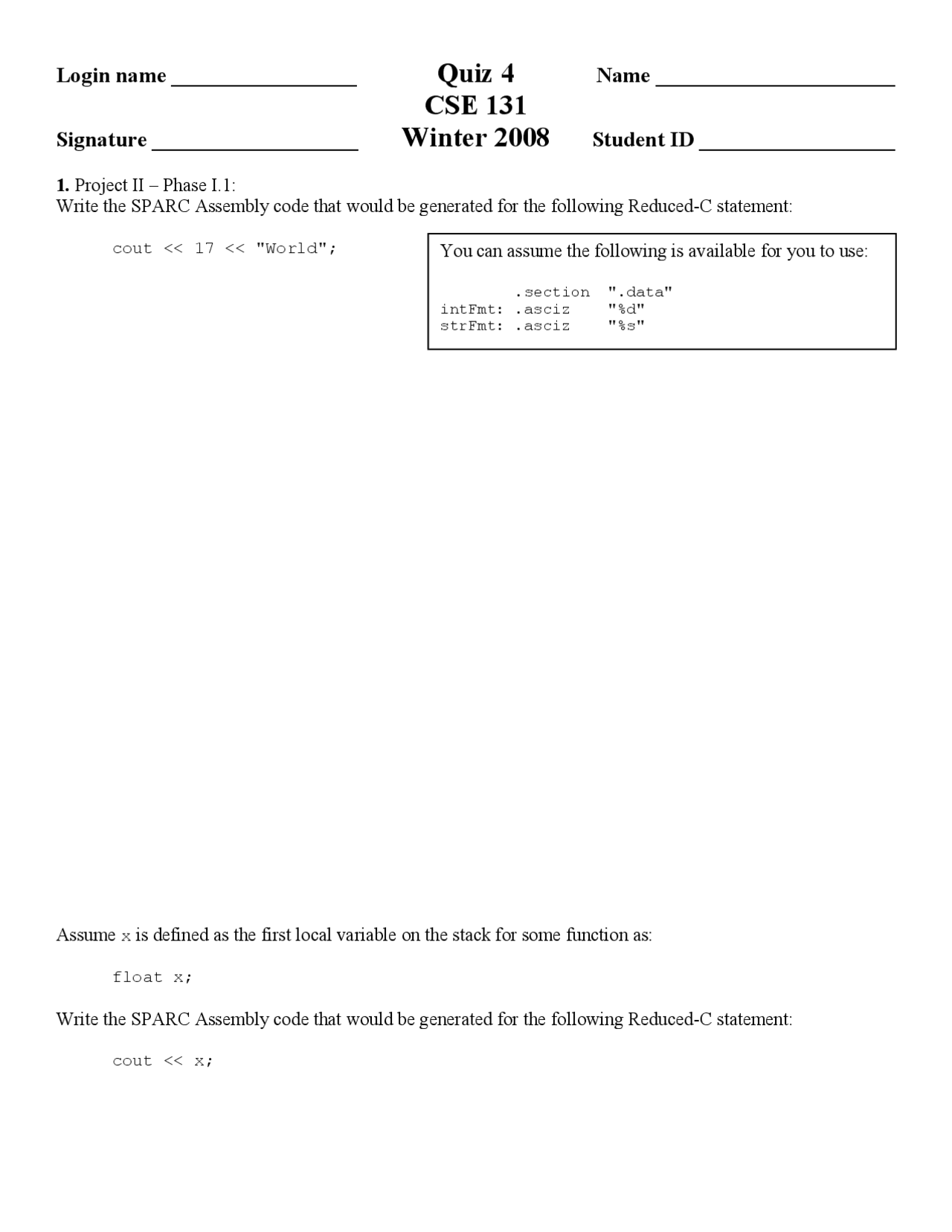 Practice Quiz 4 Solutions - Compiler Construction | CSE 131 - Docsity