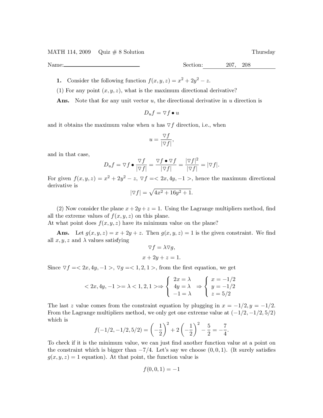 Math 114 Quiz Solution: Max Derivative, Extreme Values, Lagrange Multipliers, Tangent Plan ...
