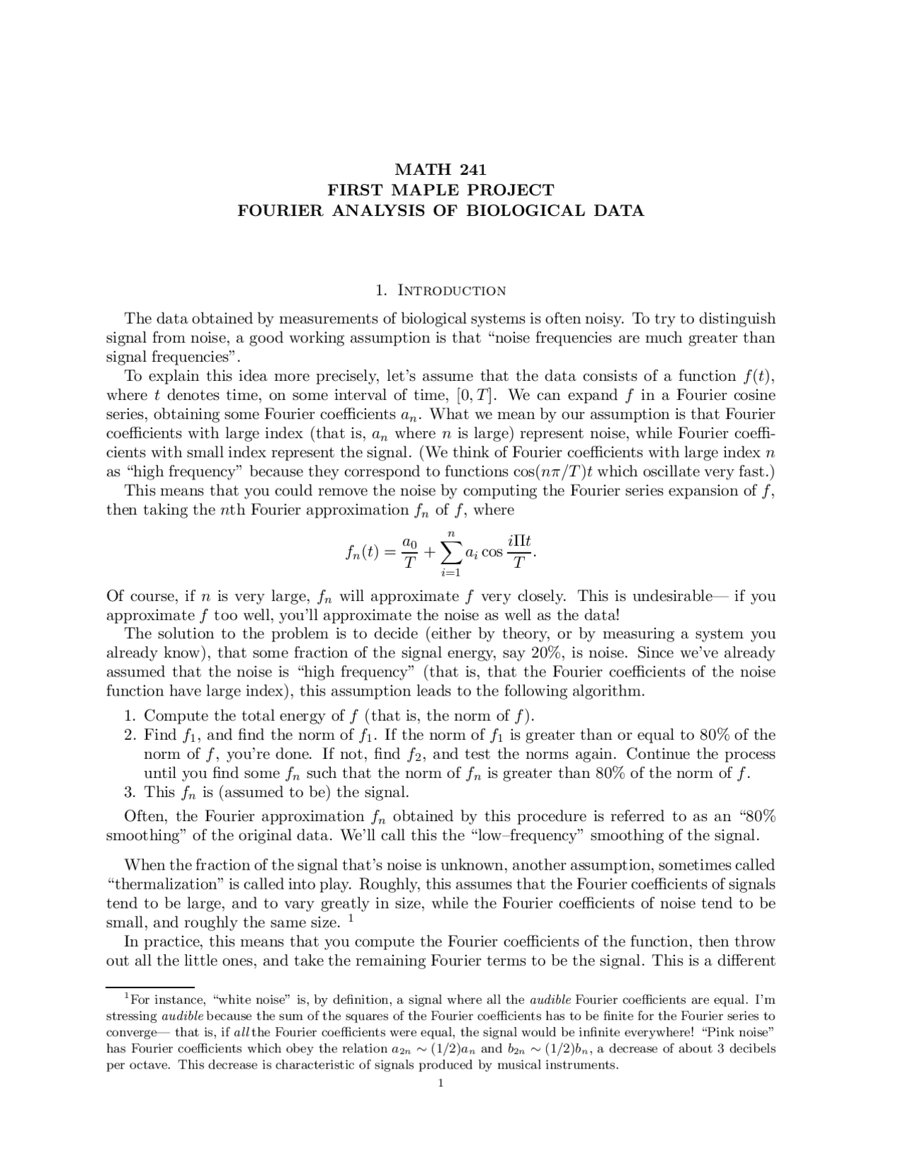 Calculus Iv First Maple Project Fourier Analysis Of Biological Data