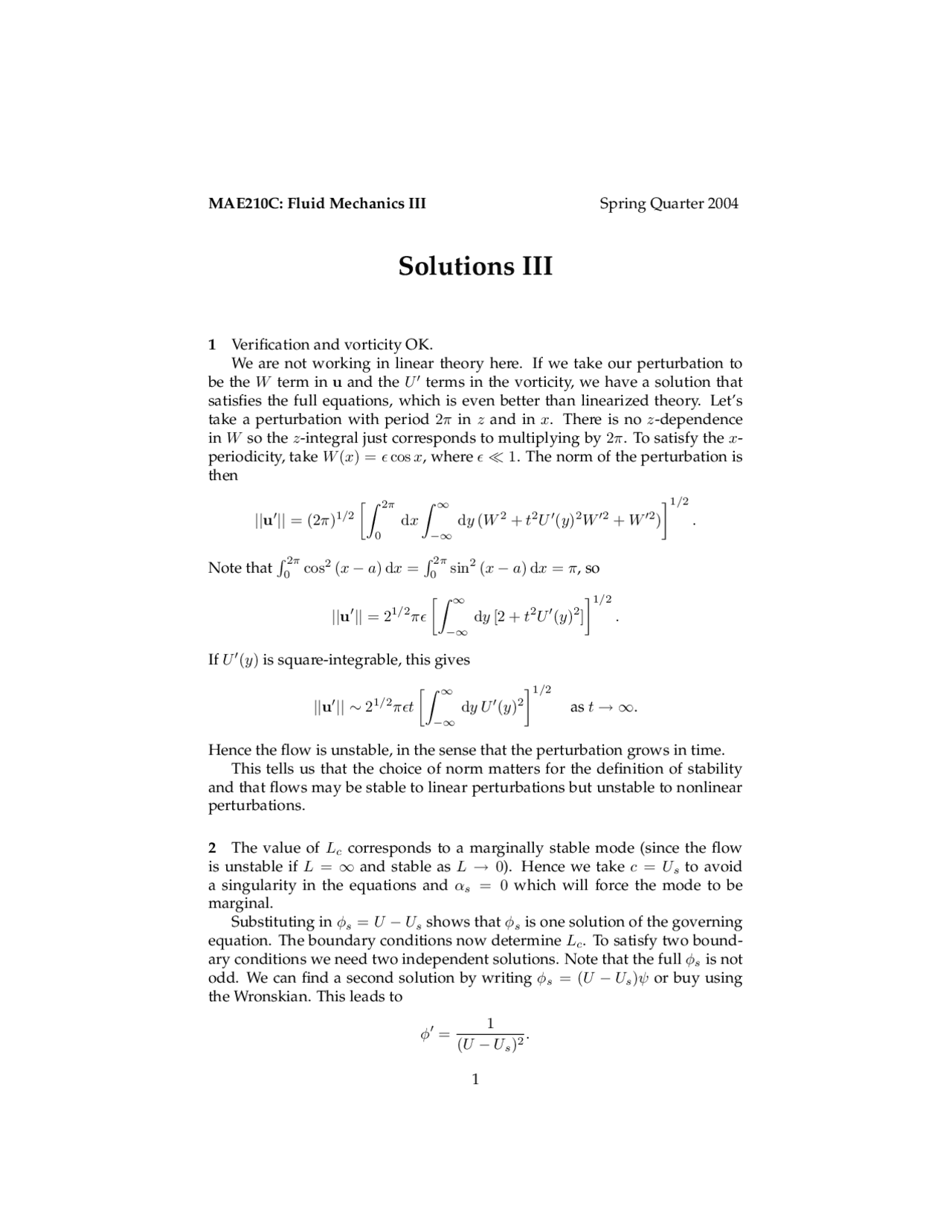 Solution of Assignment 3 - Fluid Mechanics III | MAE 210C - Docsity