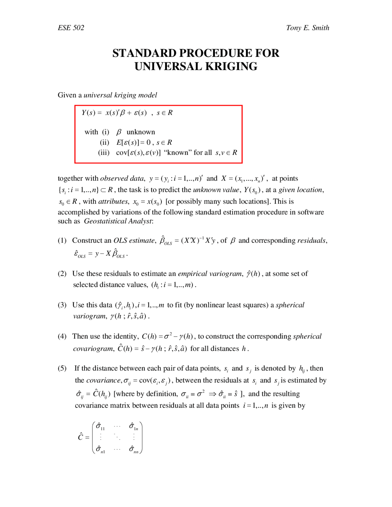 Notes on Standard Procedure for Universal Kriging Model | ESE 502 - Docsity