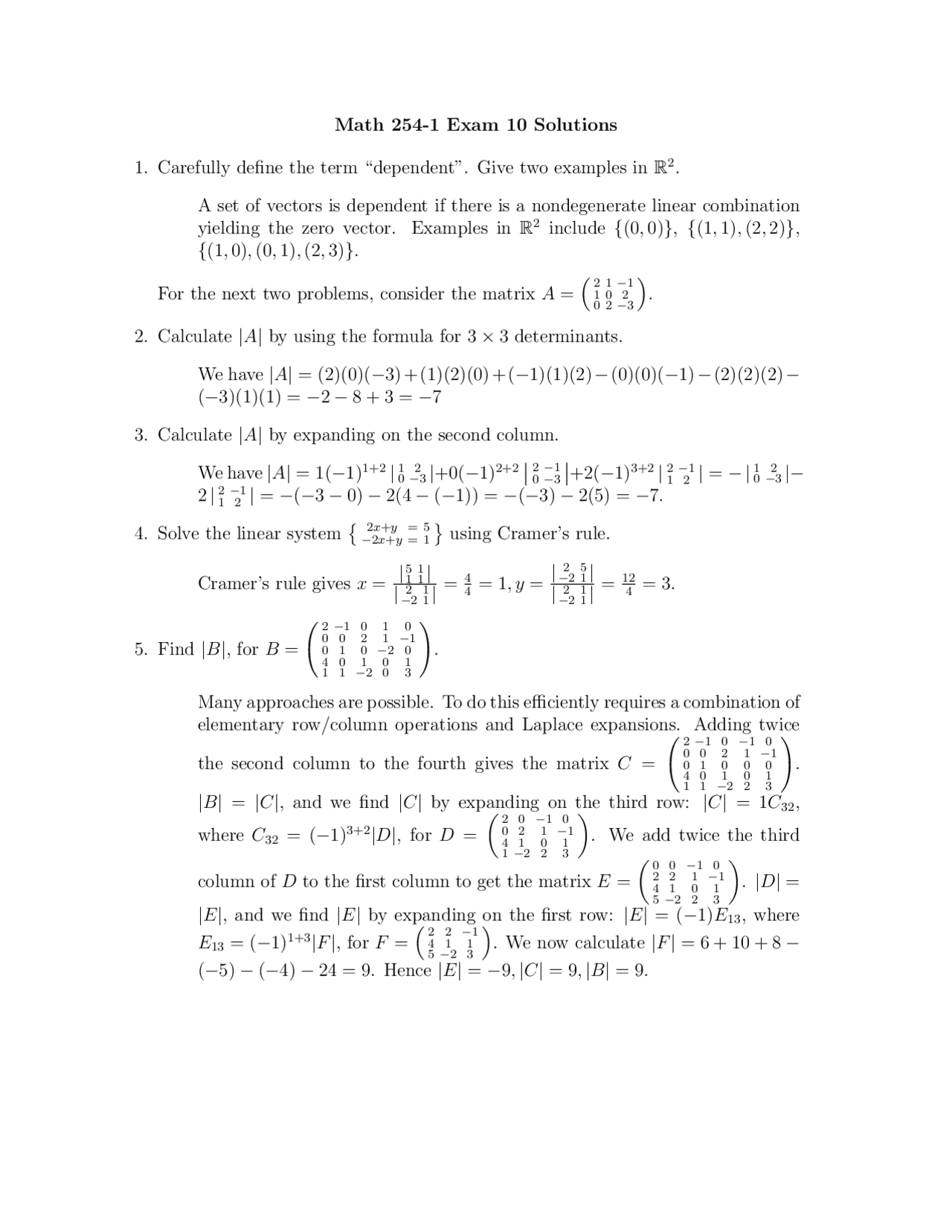 5 Questions With Solutions Introduction To Linear Algebra Math 254