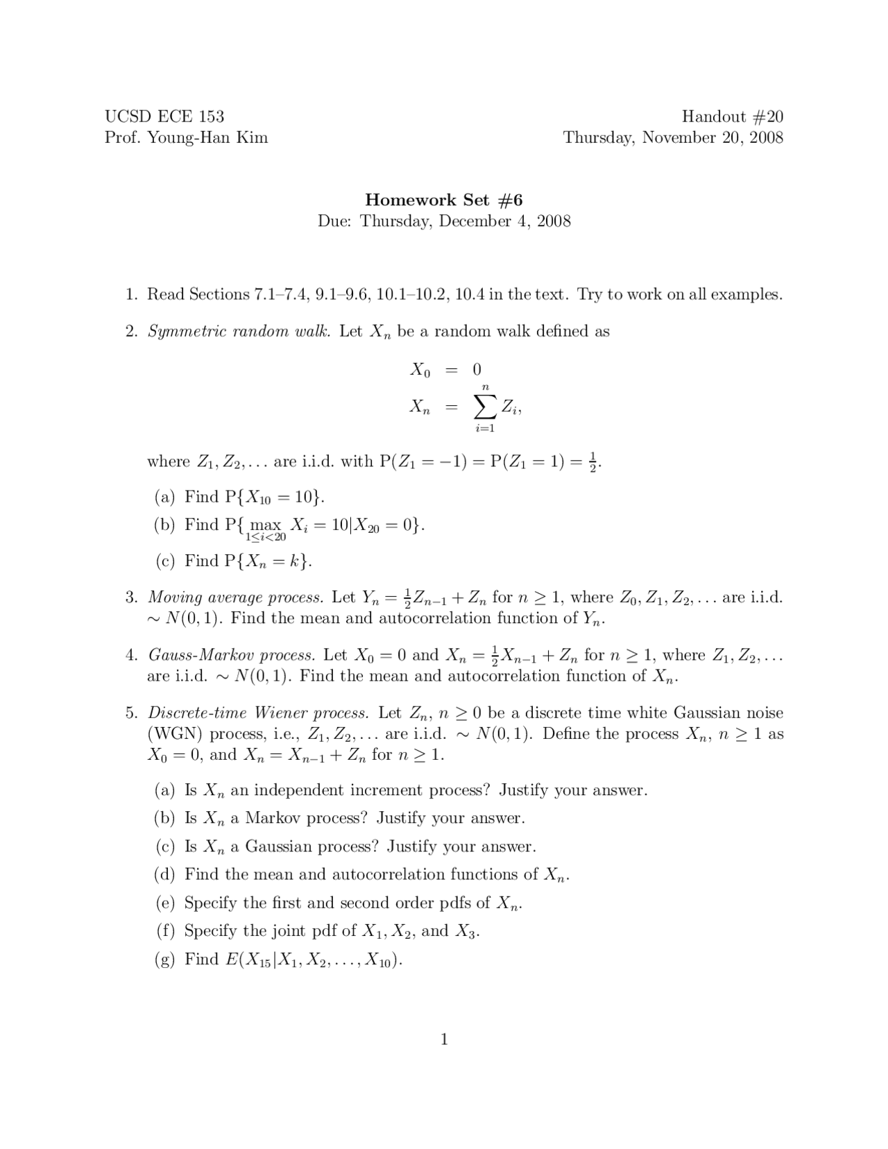 Homework Six Questions - Probability and Random Process Engineering | ECE 153 | Assignments ...