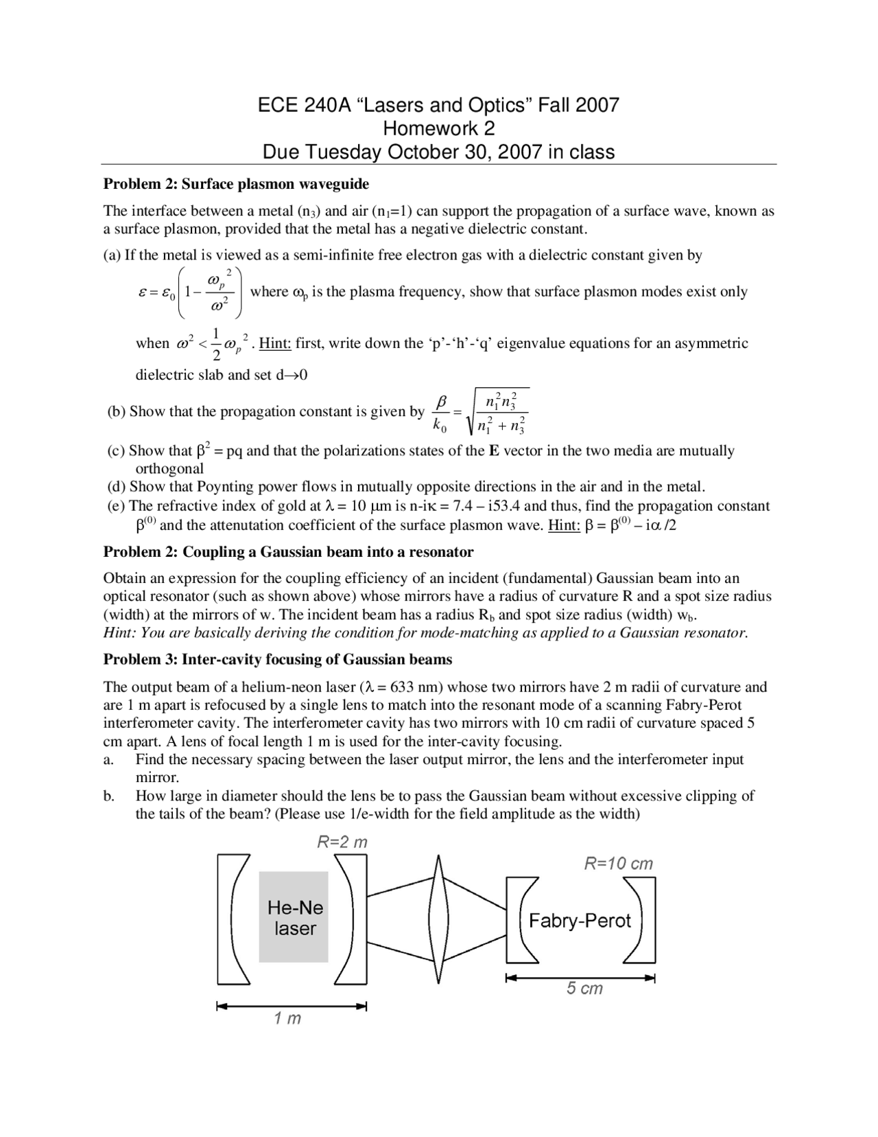 3 Solved Problems On Laser And Optics Homework 2 Ece 240c Docsity