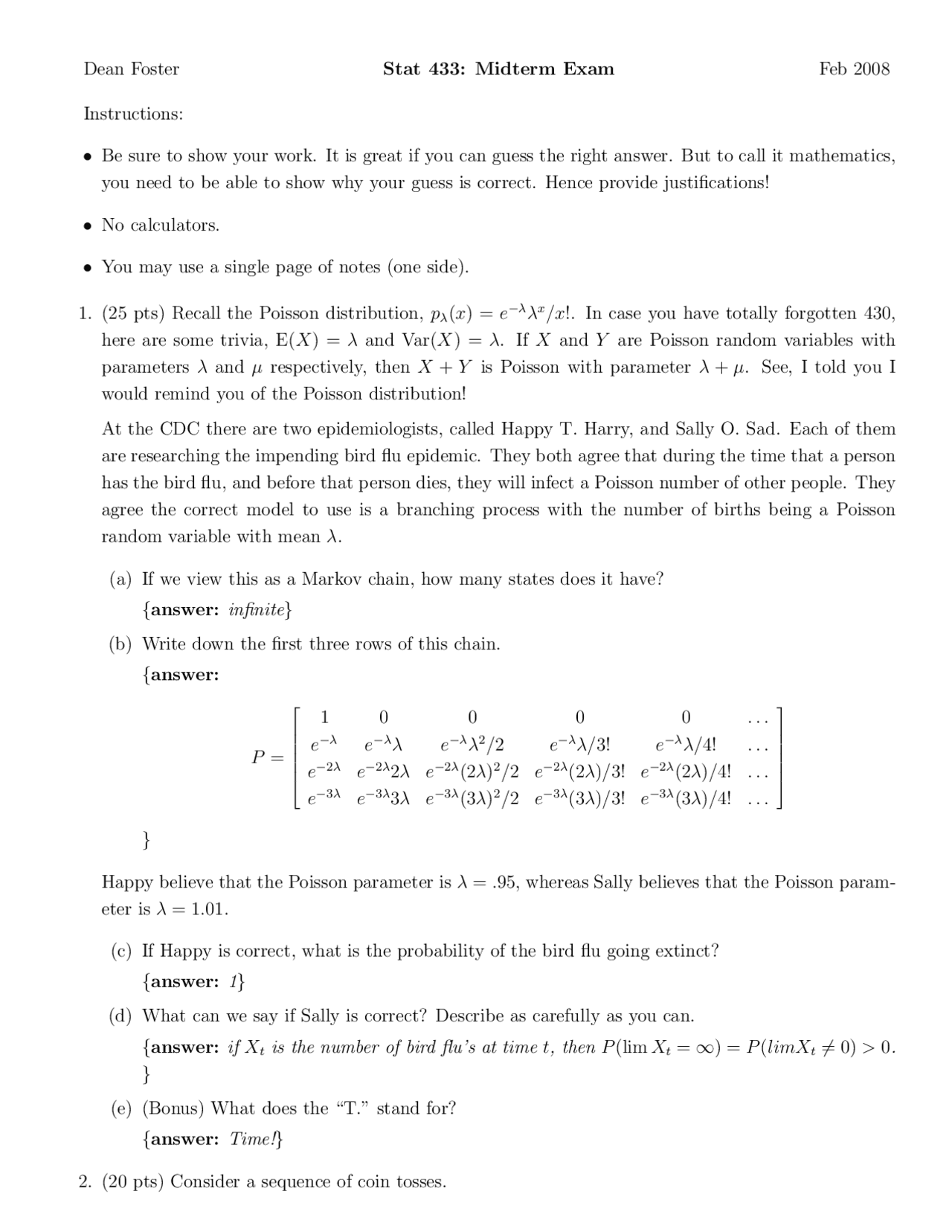 Midterm Exam With Answer Key For Stochastic Processes Stat 433 Docsity