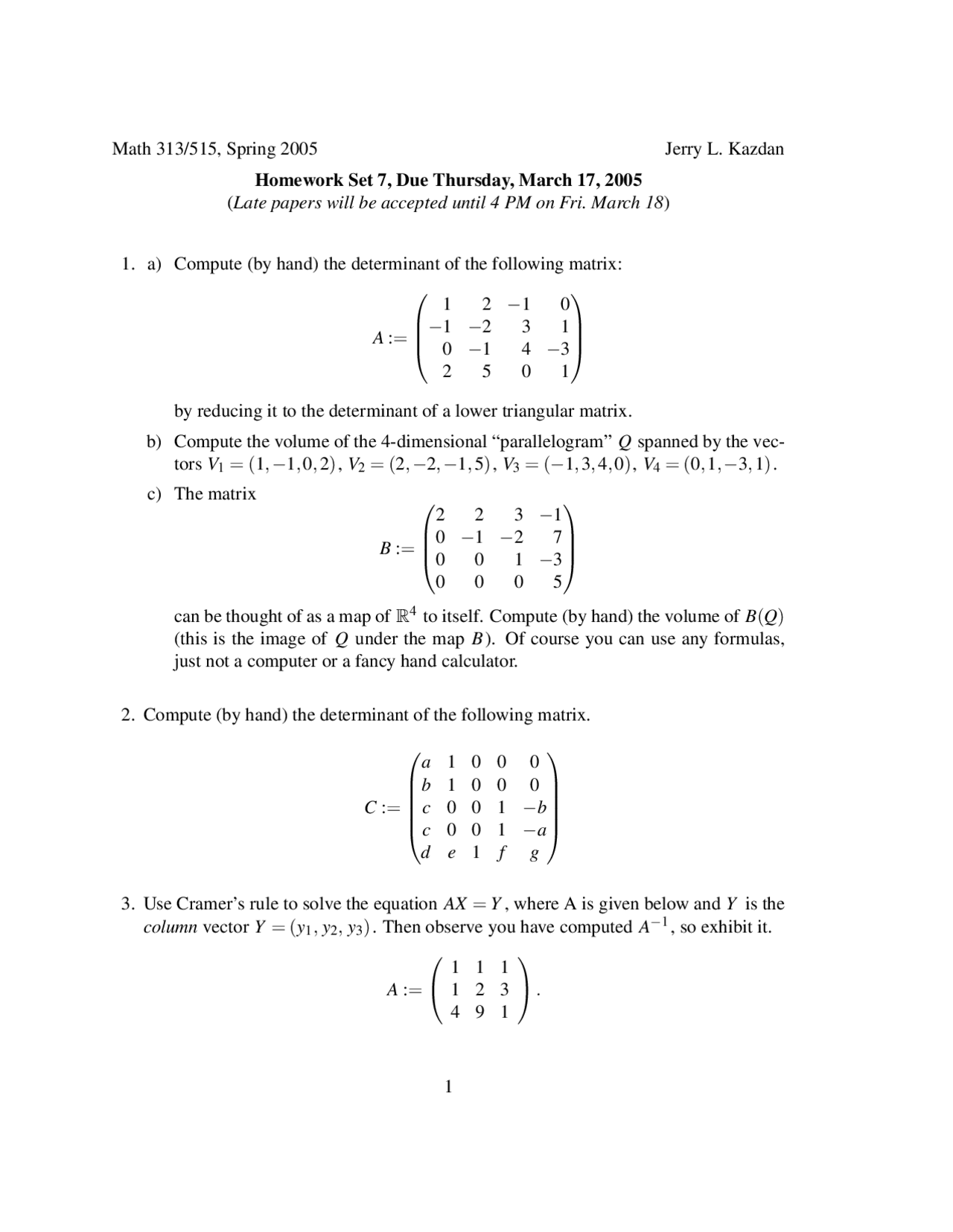 Assignment Problems Computational Linear Algebra Math 313 Docsity