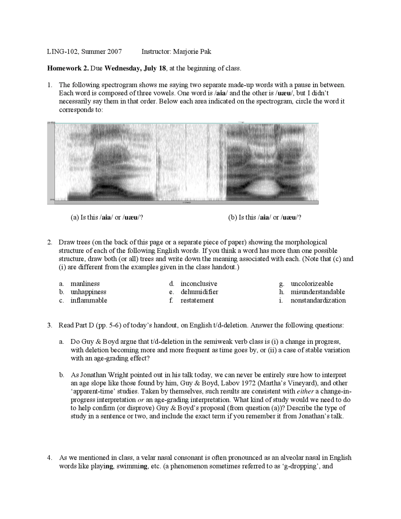 Introduction To Linguistics 4 Questions On Homework 2 Ling 102