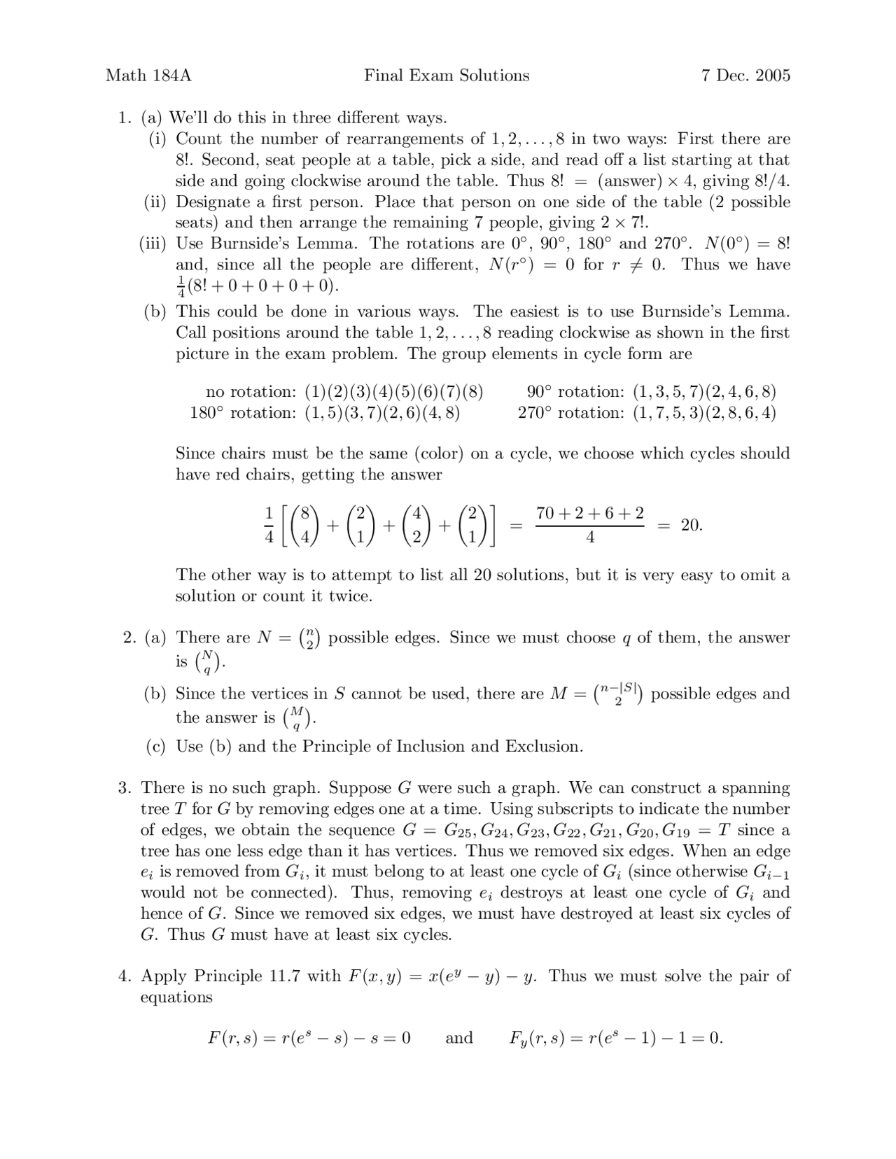 Combinatorics Final Exam Solutions Math 184a Docsity