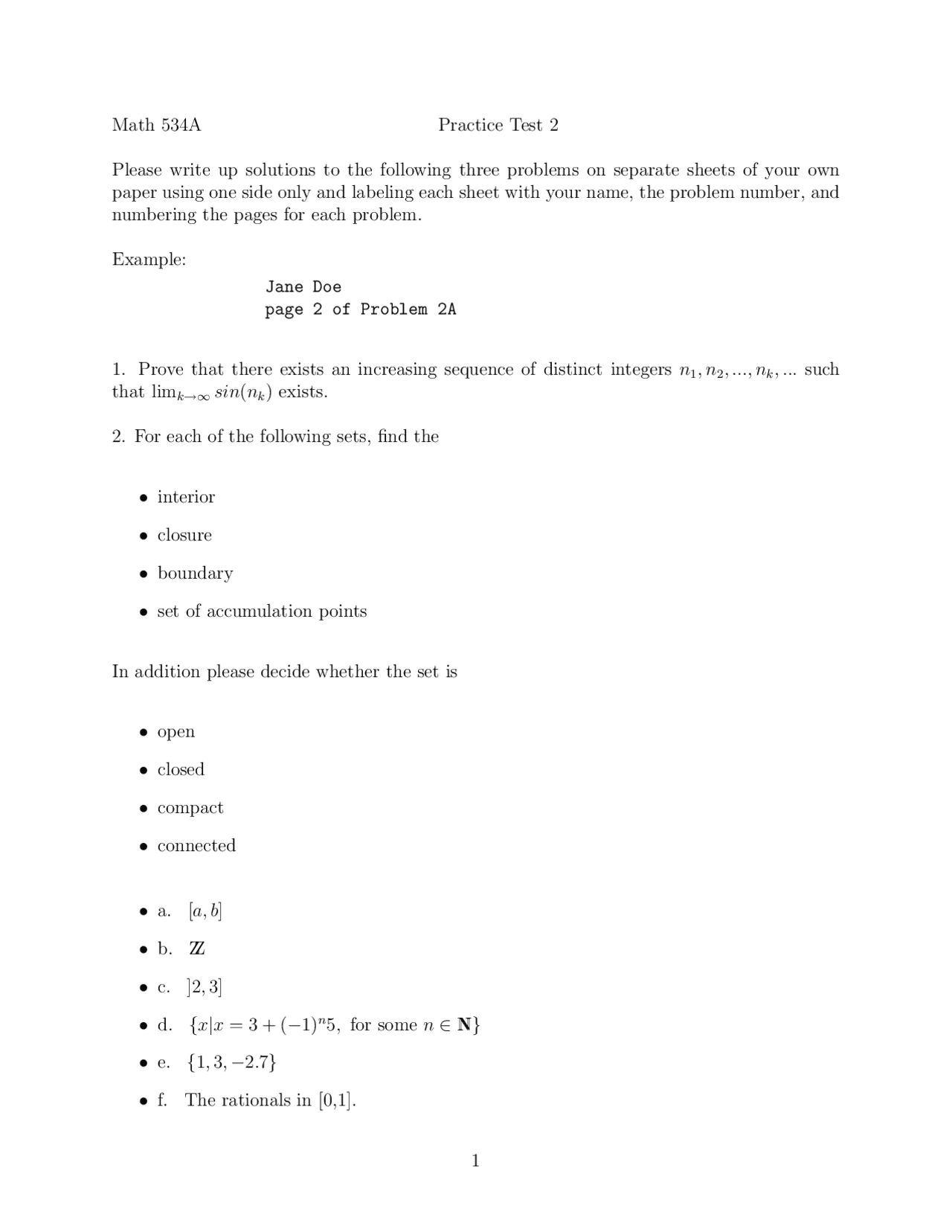 Practice Exam 2 Advanced Calculus Math 534a Docsity