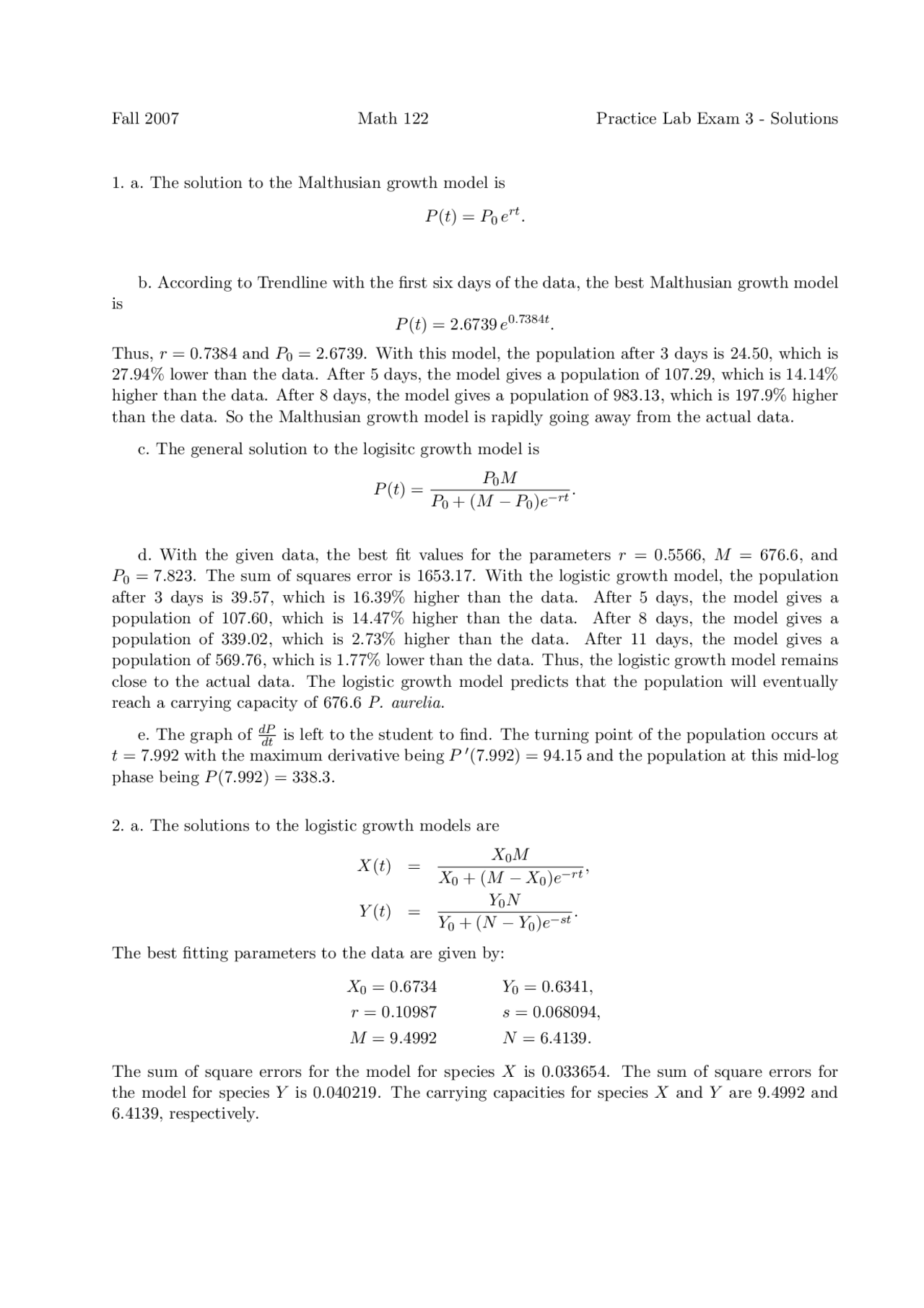Solutions to Math 122 Practice Lab Exam 3: Malthusian and Logistic ...
