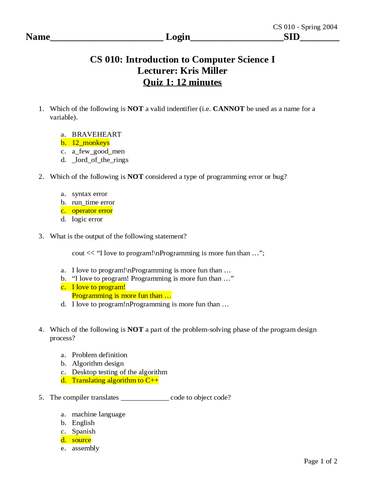 Quiz I Mcqs With Answers Introduction To Computer Science Cs 010 Docsity