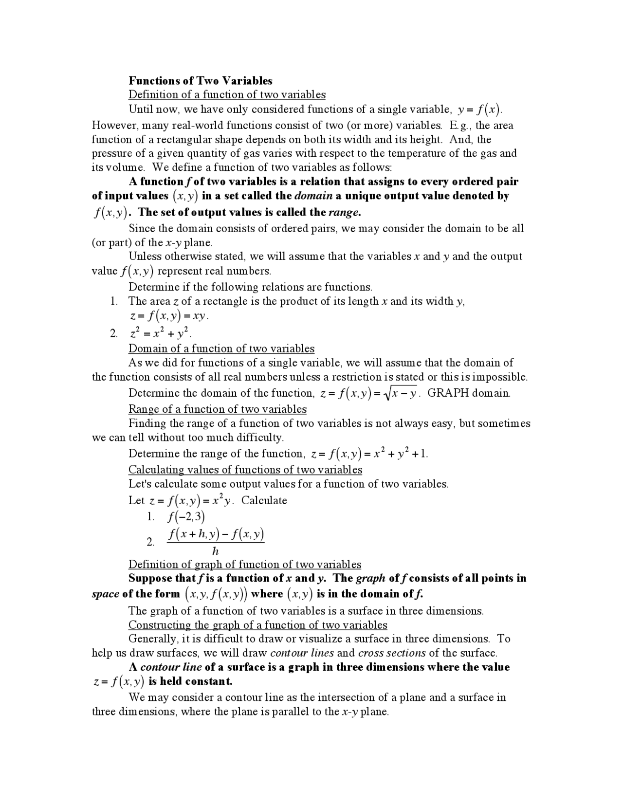 Functions Of Two Variables Lecture Notes Math 4c Docsity