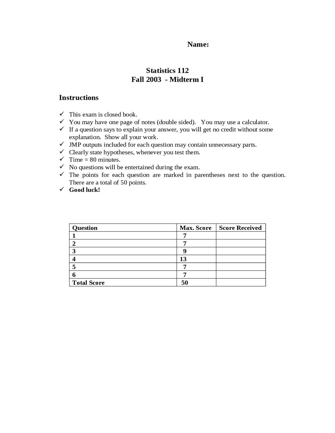 Midterm Exam 1 Introductory Statistics Stat 112 Docsity