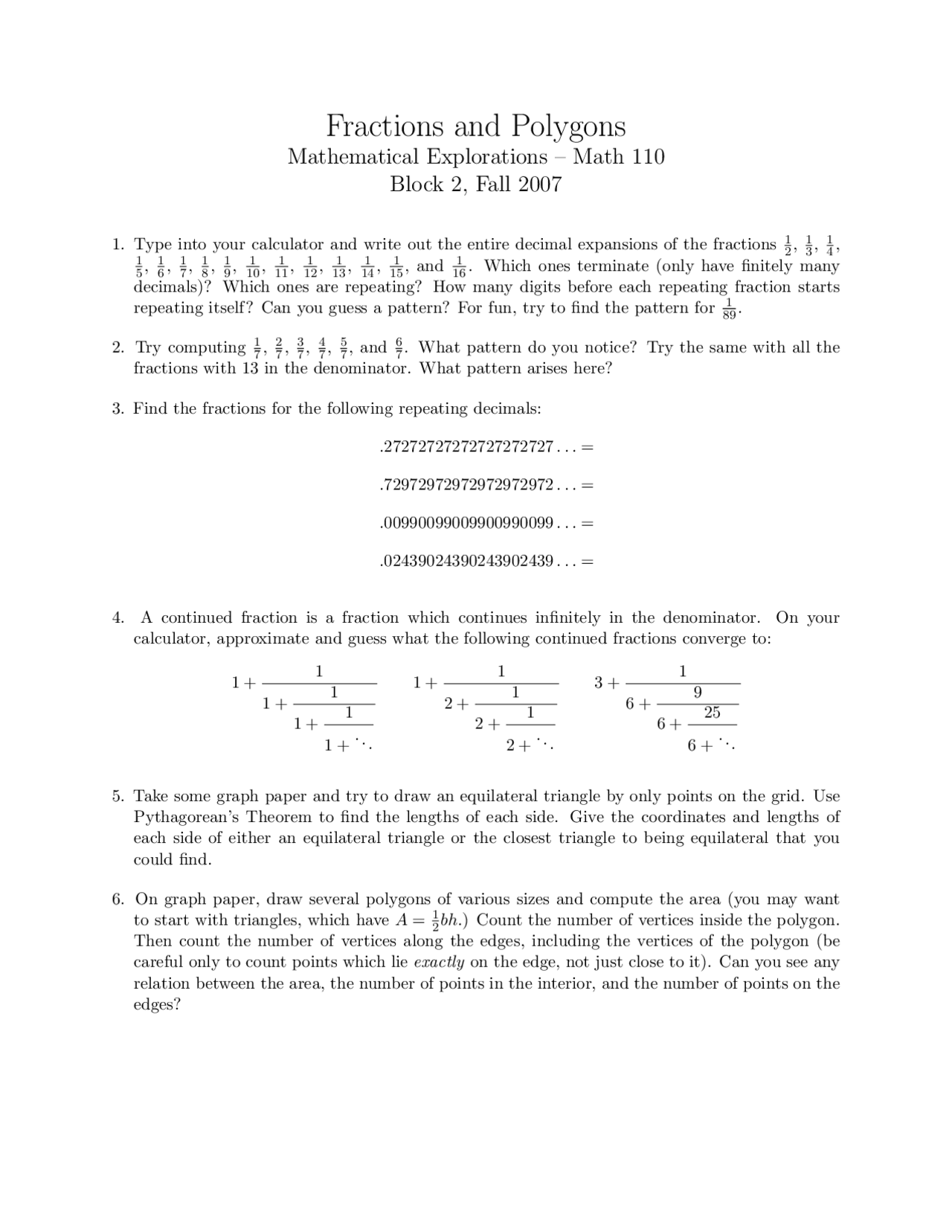 6 Assignment Problems On Fractions And Polygons Math 110 Docsity