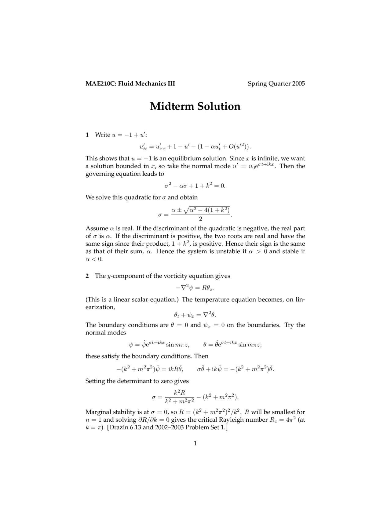 Midterm Exam with Solutions - Fluid Mechanics III | MAE 210C - Docsity
