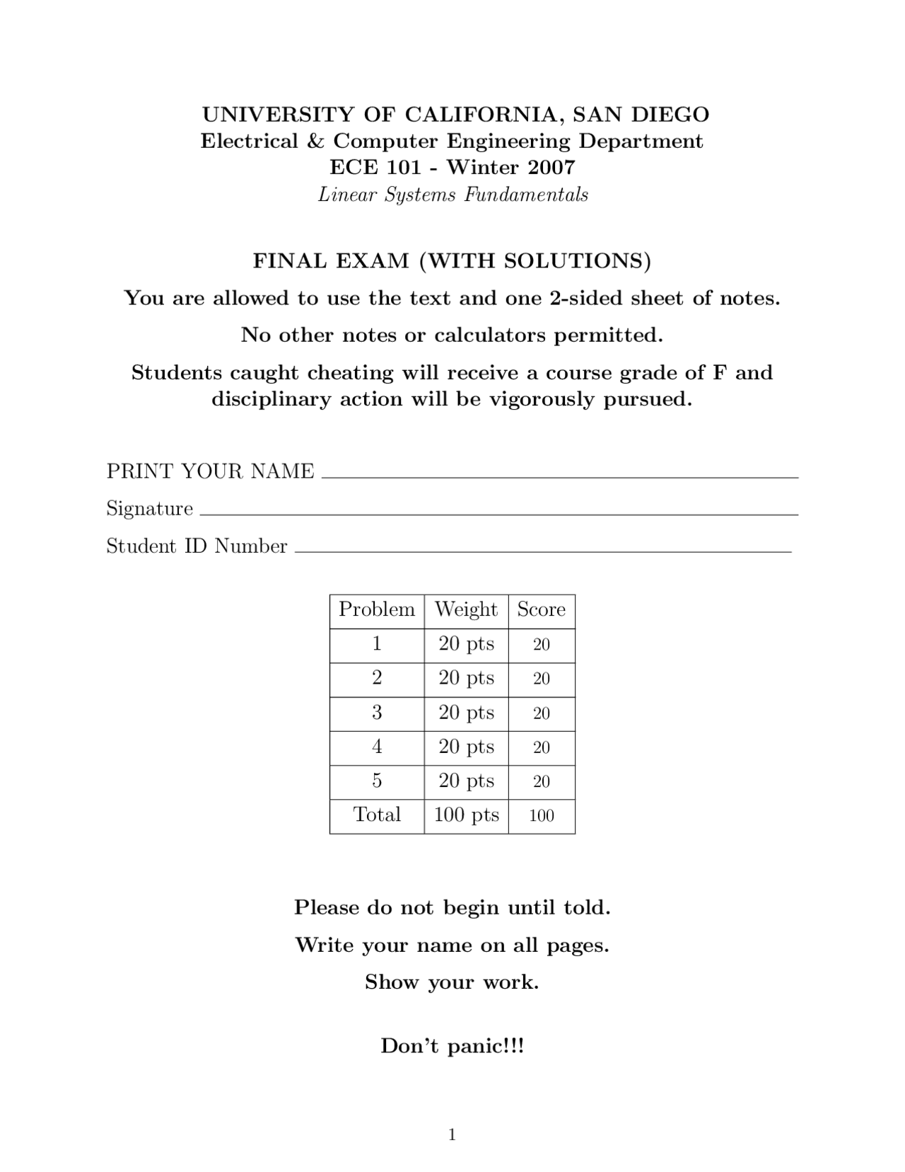 Final Exam With Solution For Linear Systems Fundamentals Ece 101