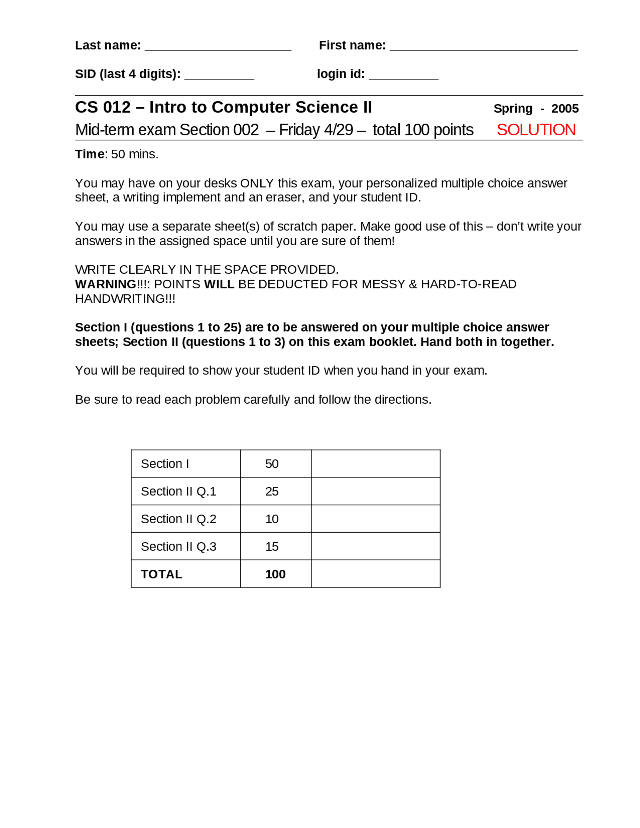 Midterm Exam With Solution Introduction To Computer Science Cs 012
