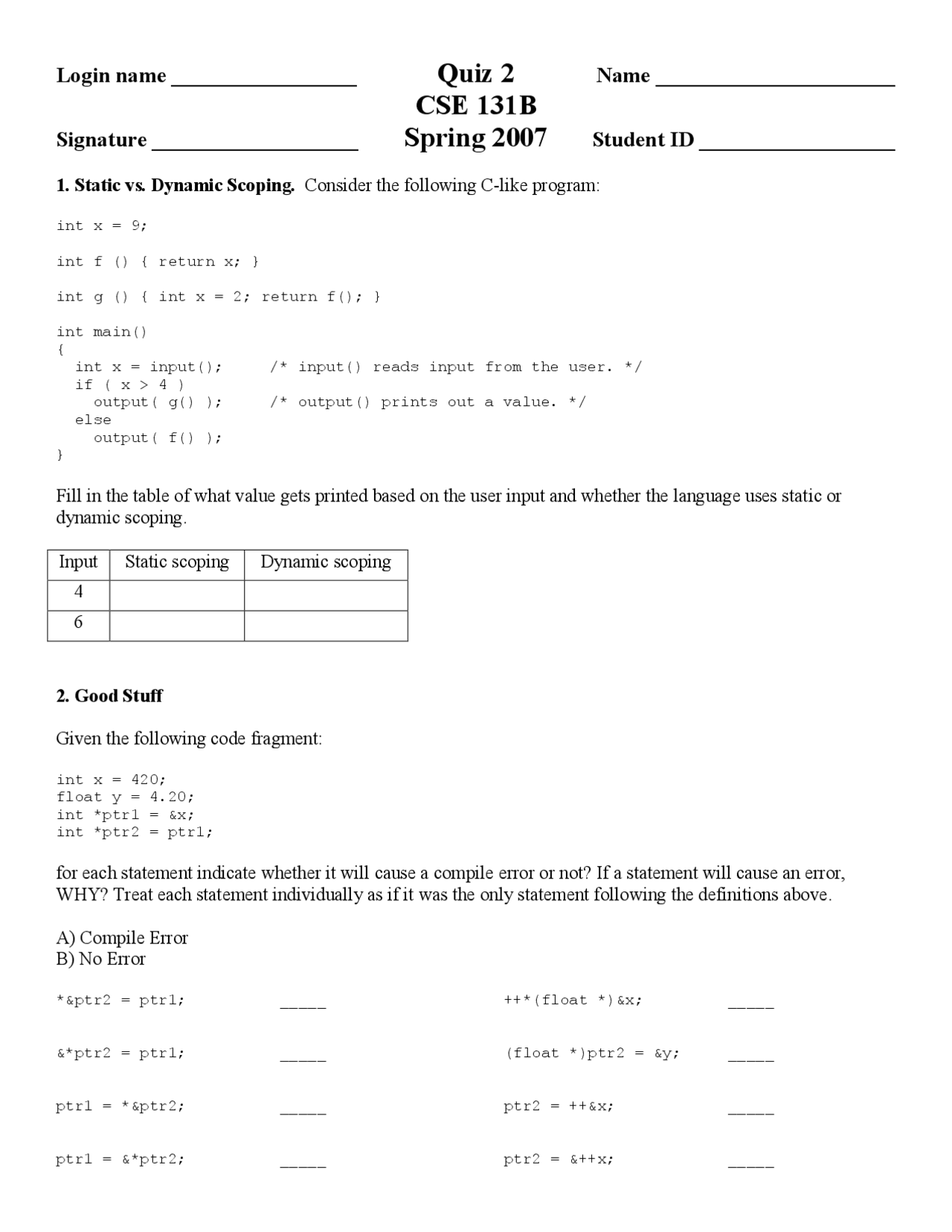 Problems For Quiz 2 Compiler Construction Cse 131 Docsity