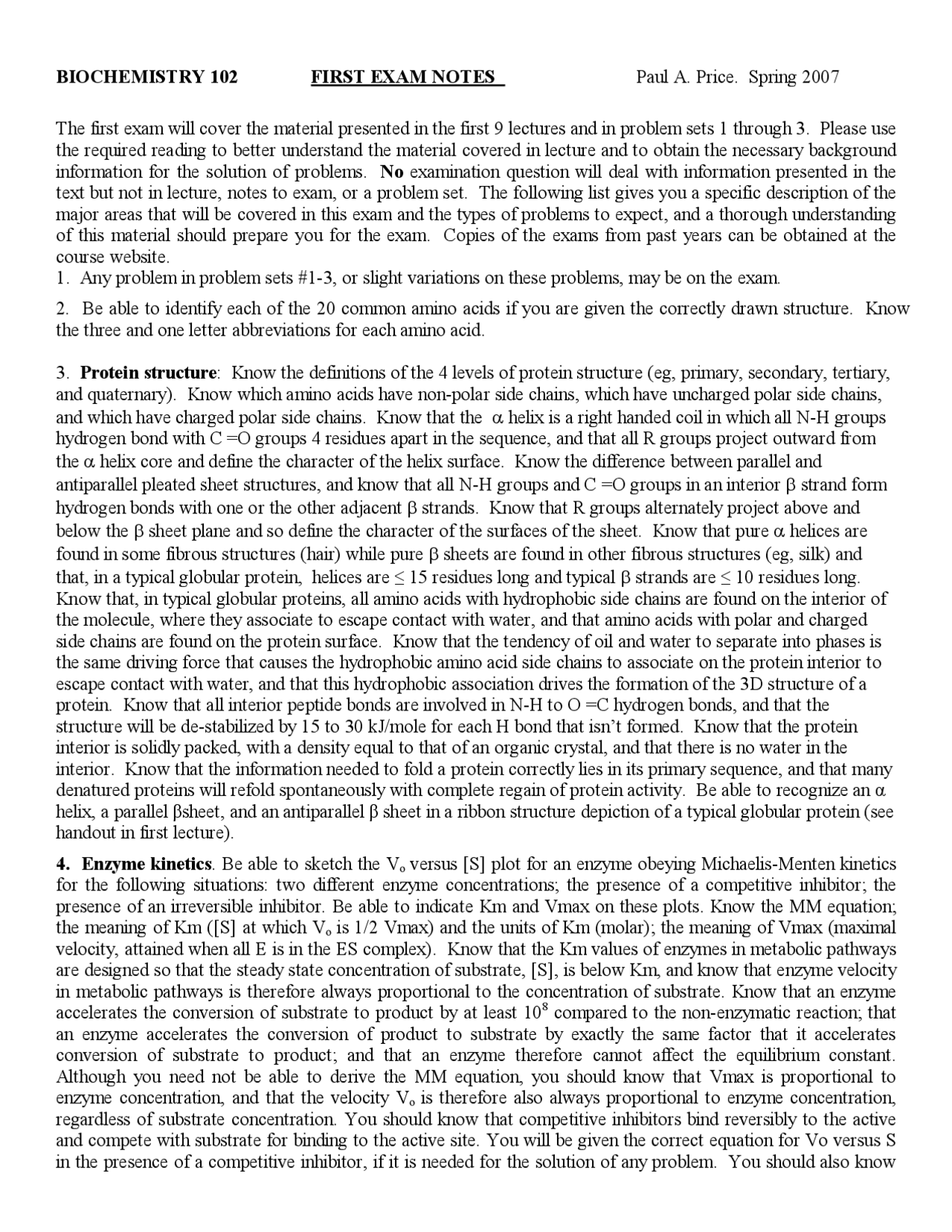 Notes On Protein Structure Enzyme Kinetics Metabolic Biochemistry