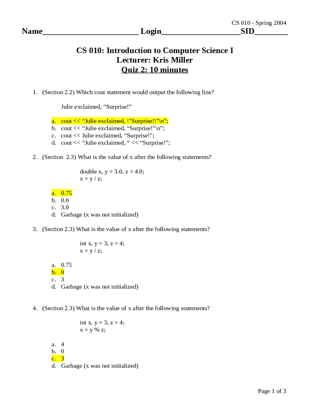 Introduction to Computer Science - Quiz II MCQs with Answers | CS 010 ...