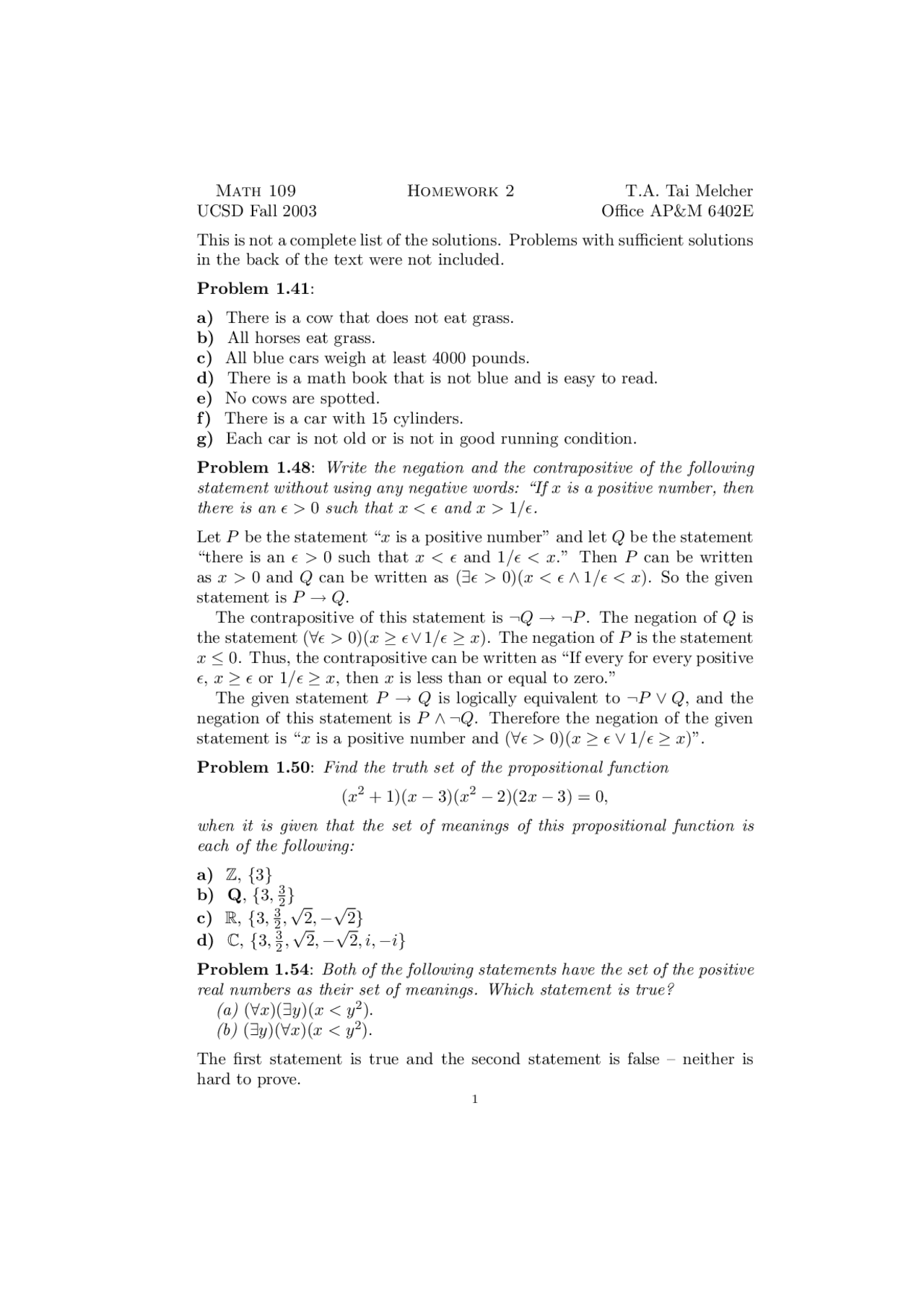 Homework 2 With Resolution Mathematical Reasoning Math 109 Docsity