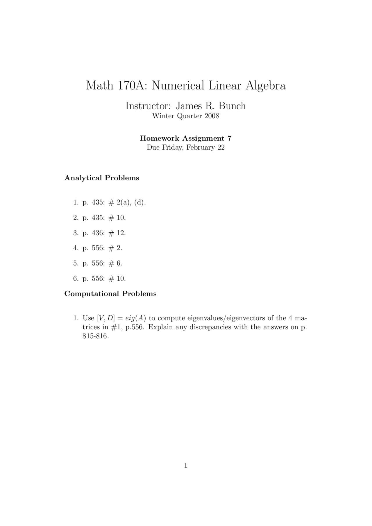 Homework Assignment 7 Numerical Linear Algebra Math 170a Docsity