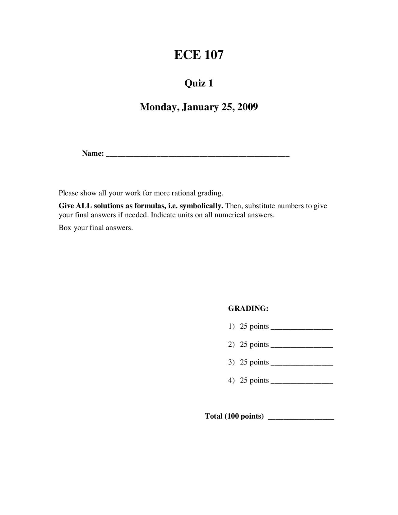 Electromagnetism Quiz Questions 2009 Ece 107 Docsity