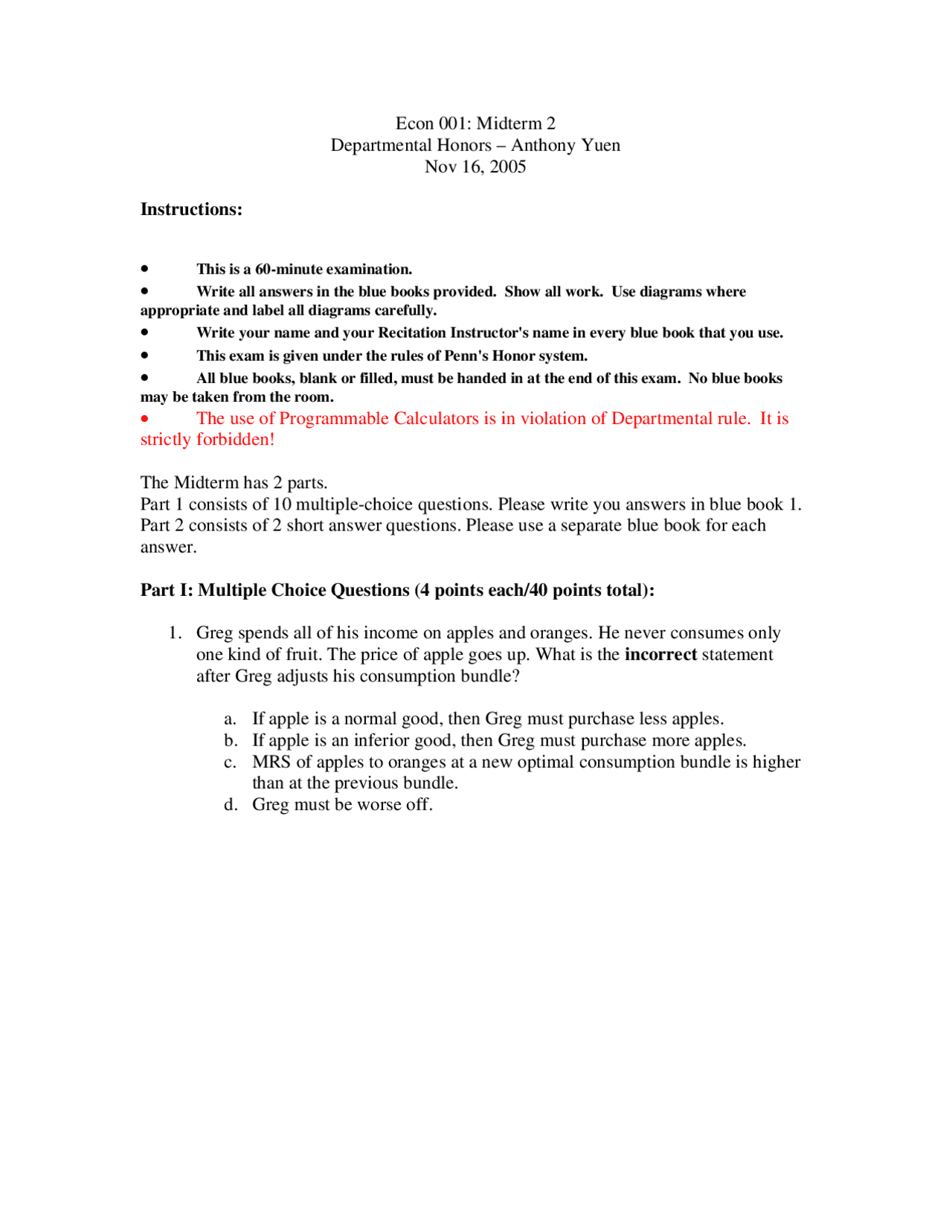 Midterm Exam 2 with Answers Key - Introduction to microeconomics | ECON 001 - Docsity