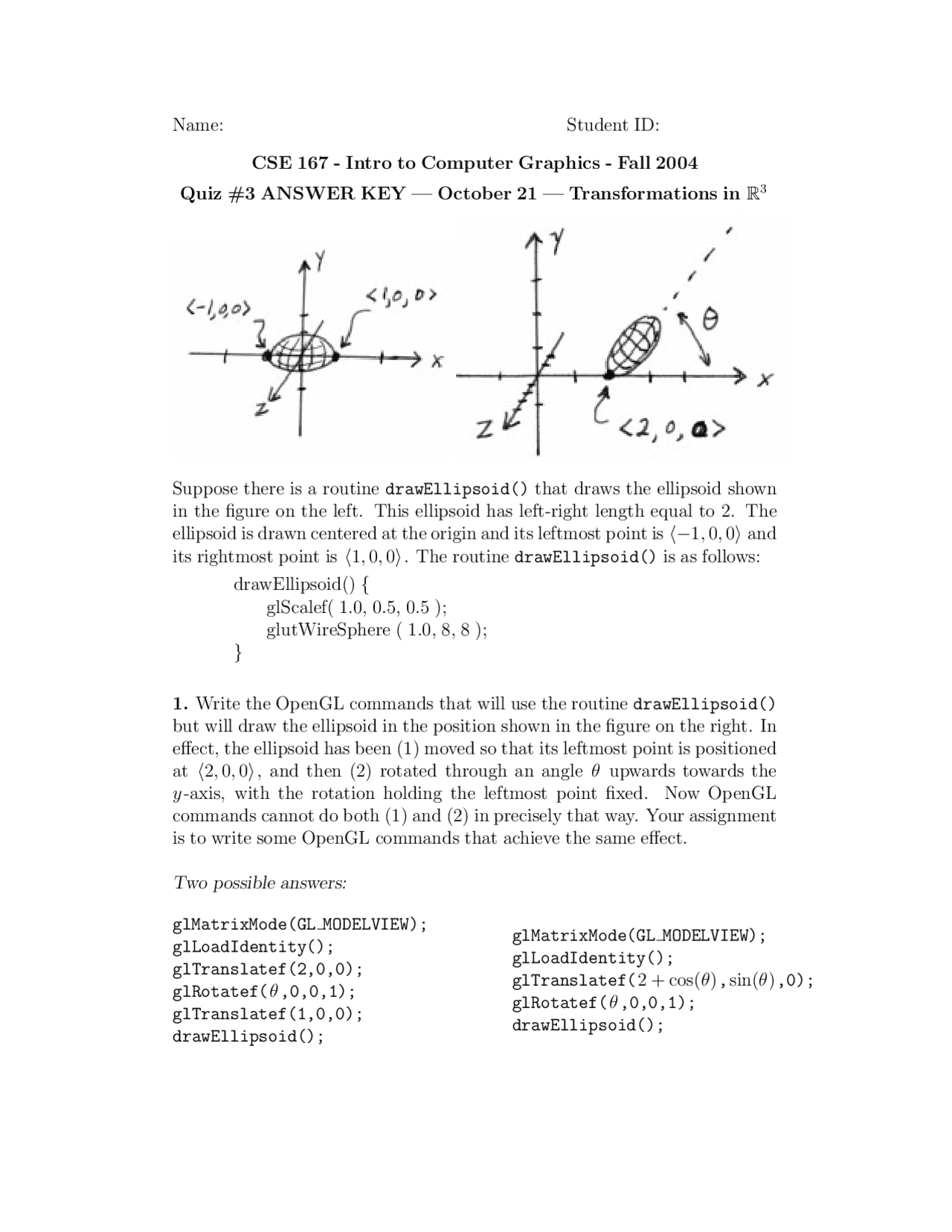 Transformation in R3 - Quiz 3 with Answer Key | CSE 167 - Docsity