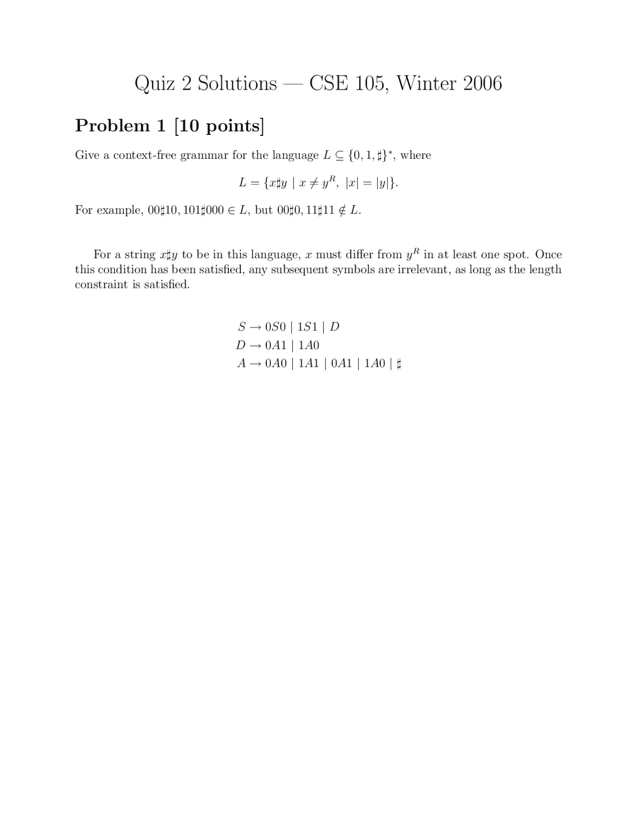 Solved Problems On Introduction To Theory Of Computation Quiz 2 Cse 2341