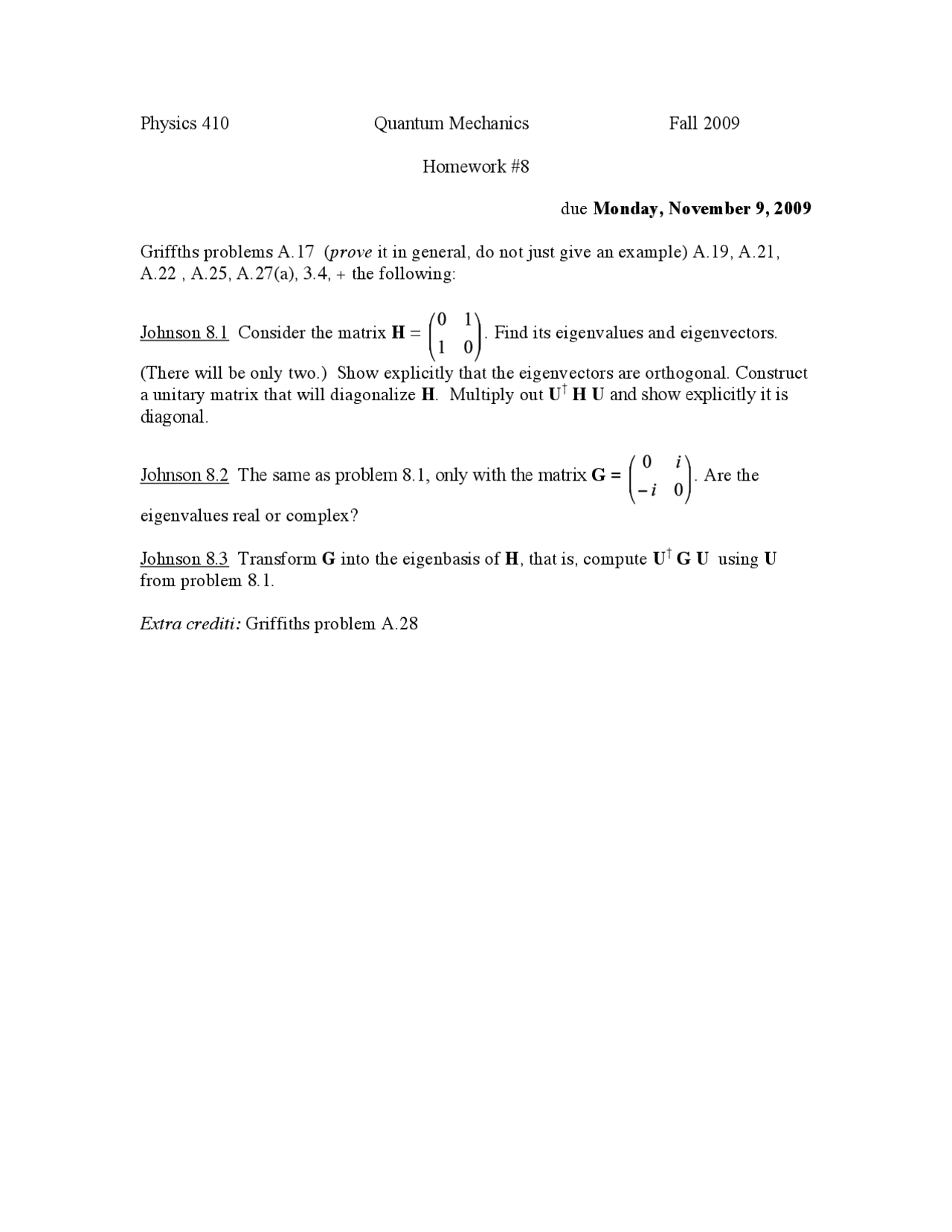 Homework 8 Questions | Quantum Mechanics | PHYS 410 - Docsity