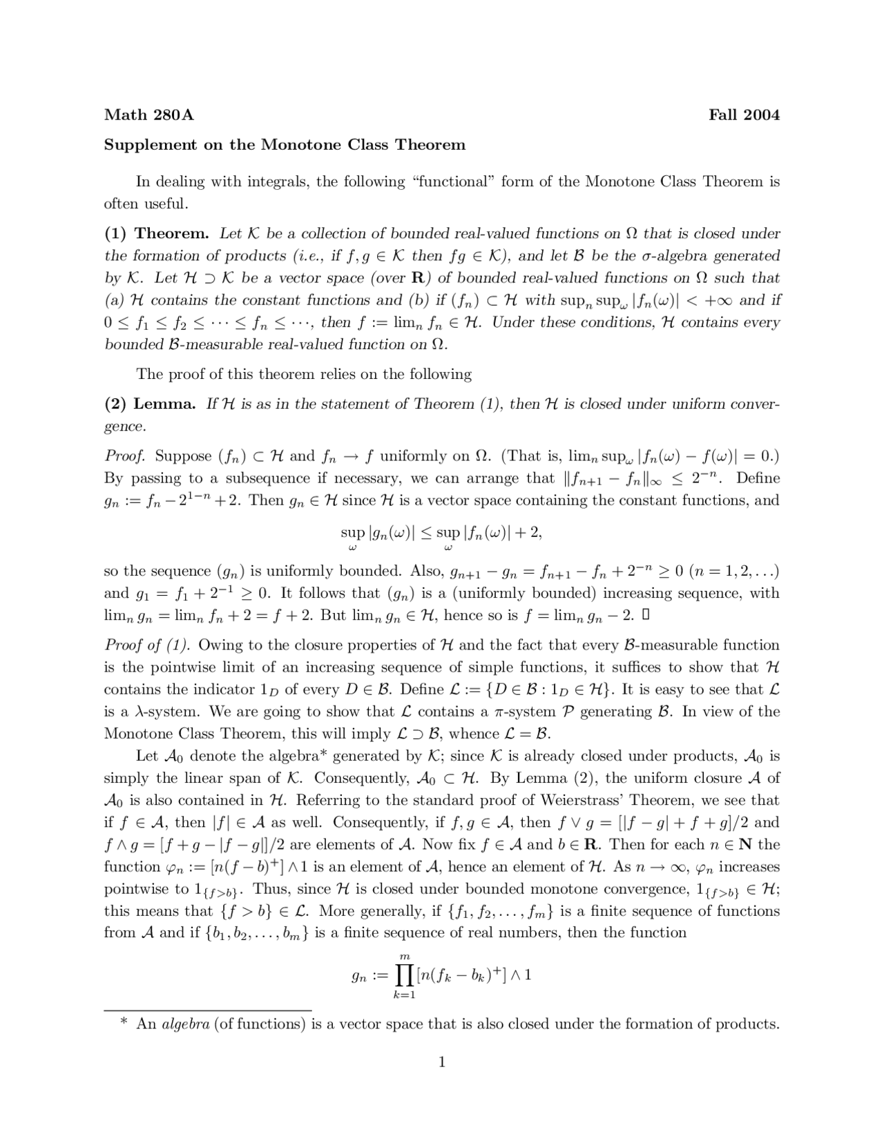 Supplement on The monotone Class Theorem - Probability Theory | MATH 280C - Docsity